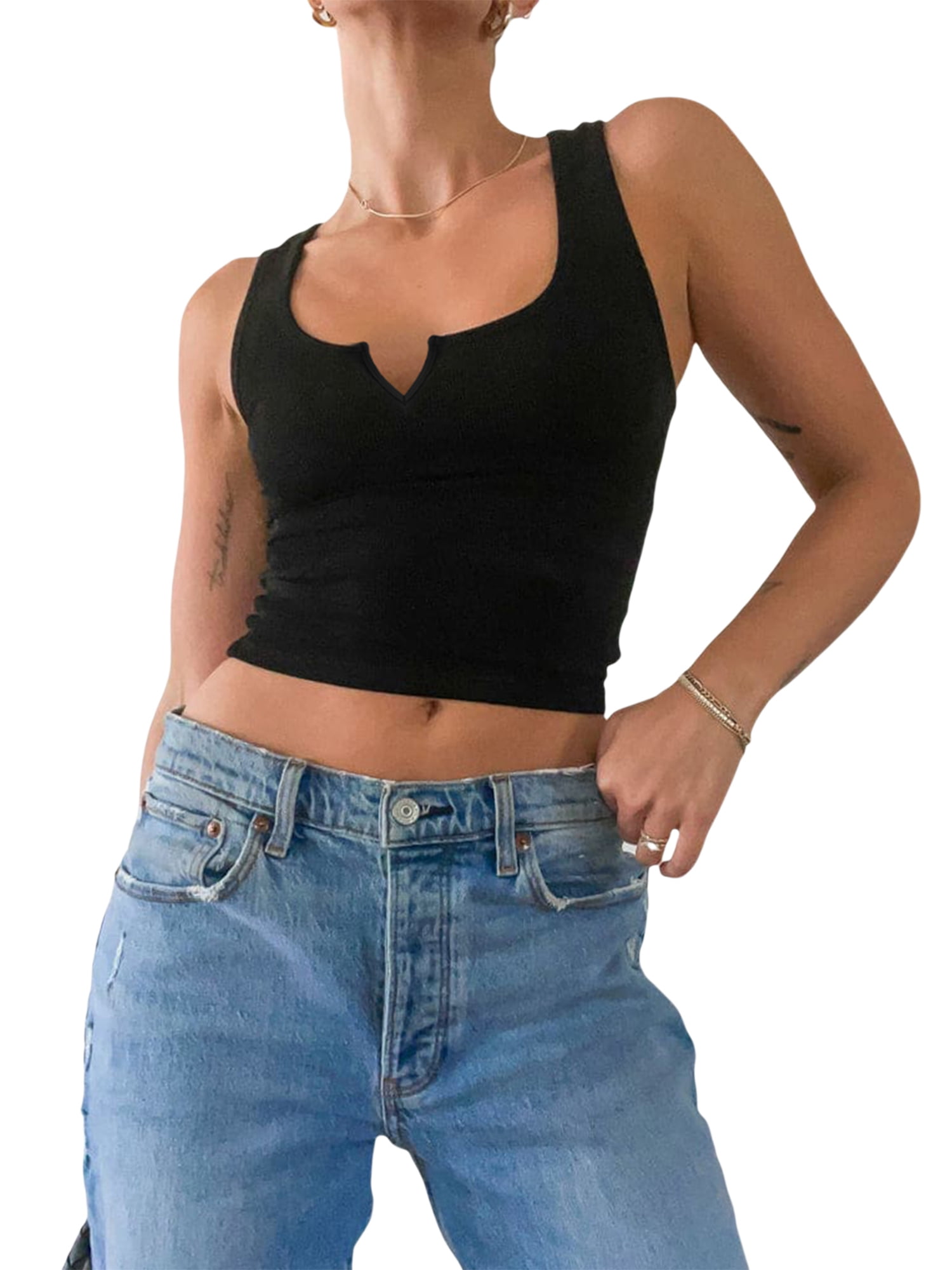Sedceaty Women's Summer Mini Tank Tops Solid Color Sleeveless V Neck ...