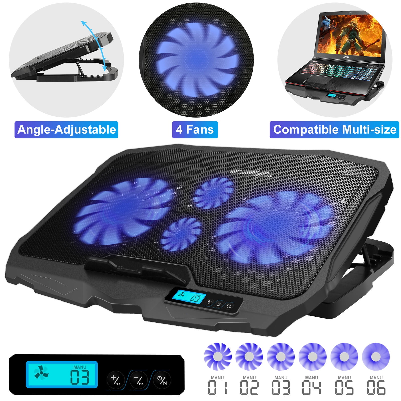 AGPTEK Laptop Cooling Pad - LED Light Radiator Dual USB with 4 Fans ...