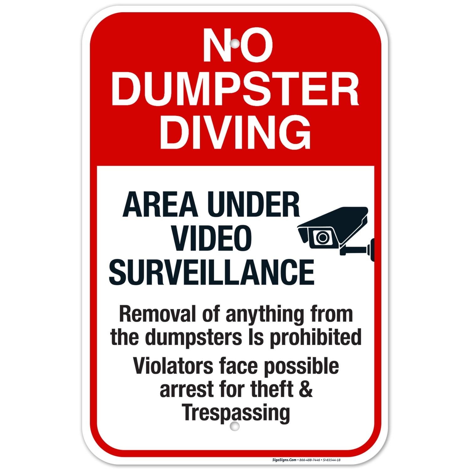 No Dumpster Diving Area Under Video Surveillance Sign, - Walmart.com