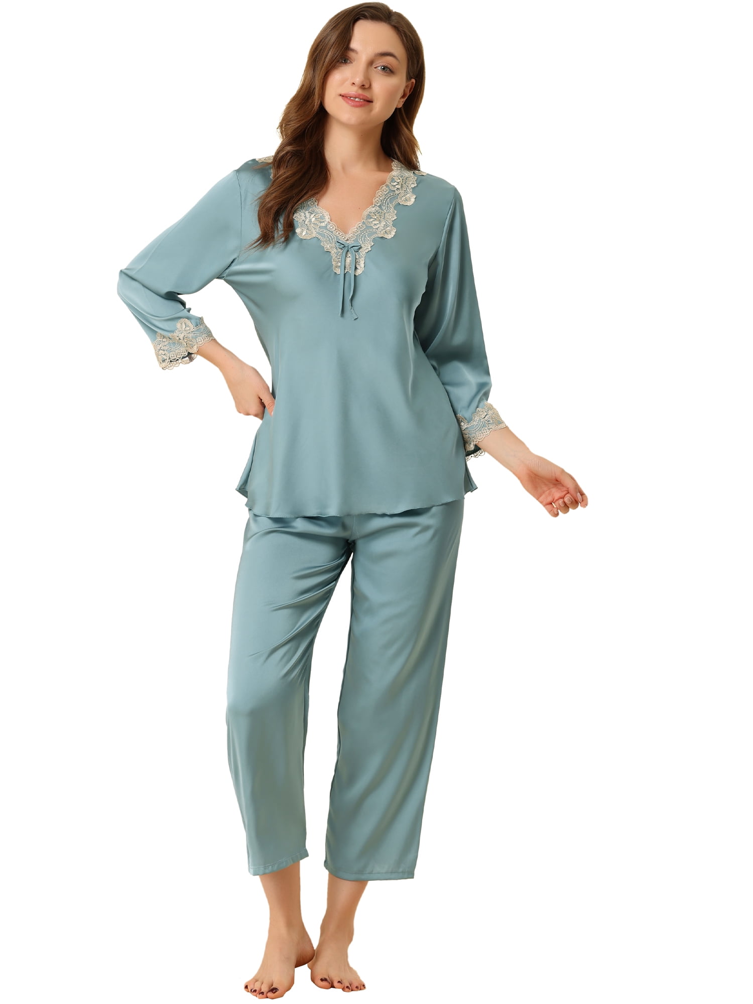Unique Bargains Women’s Satin Pajama Lace Trim Night Suit Lounge ...