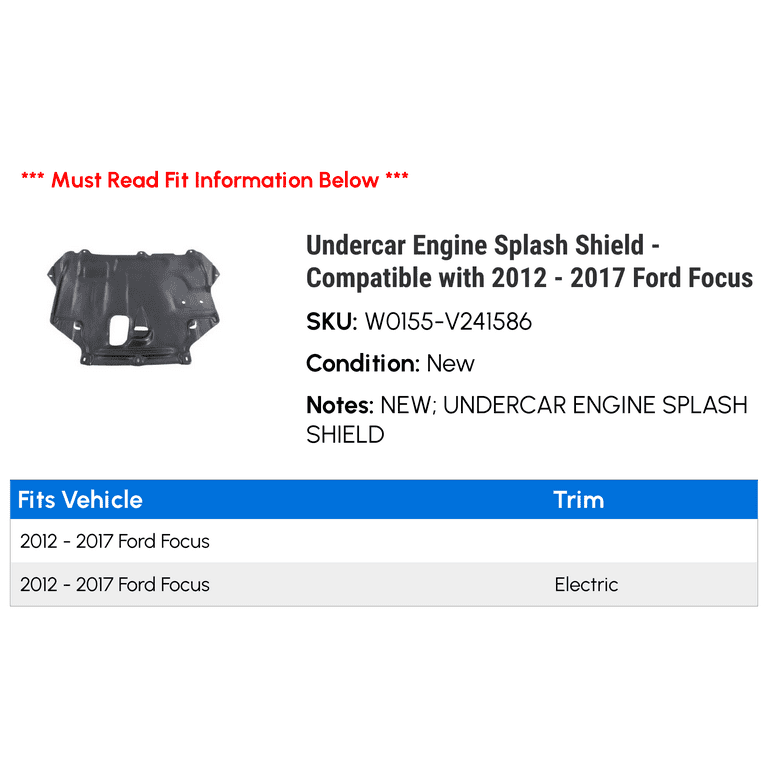 Marketplace Auto Parts Undercar Engine Splash Shield for 2012 2017 Ford Focus