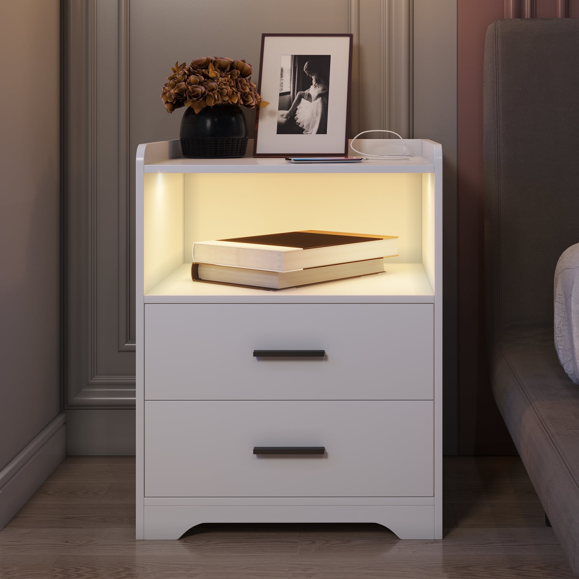 LVSOMT White Nightstand with Charging Station and Led Nightstand ... LVSOMT White Nightstand with Charging Station and Led Nightstand ...