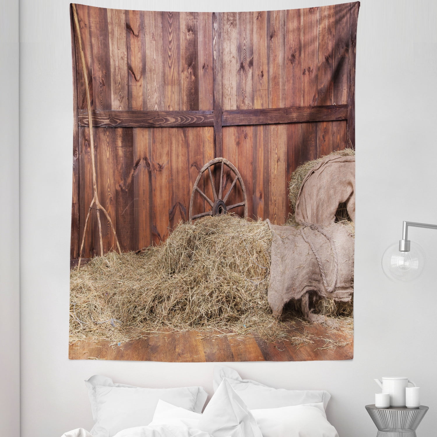 Wagon Wheel Tapestry, Rural Old Horse Stable Barn Interior Hay and Wood ...