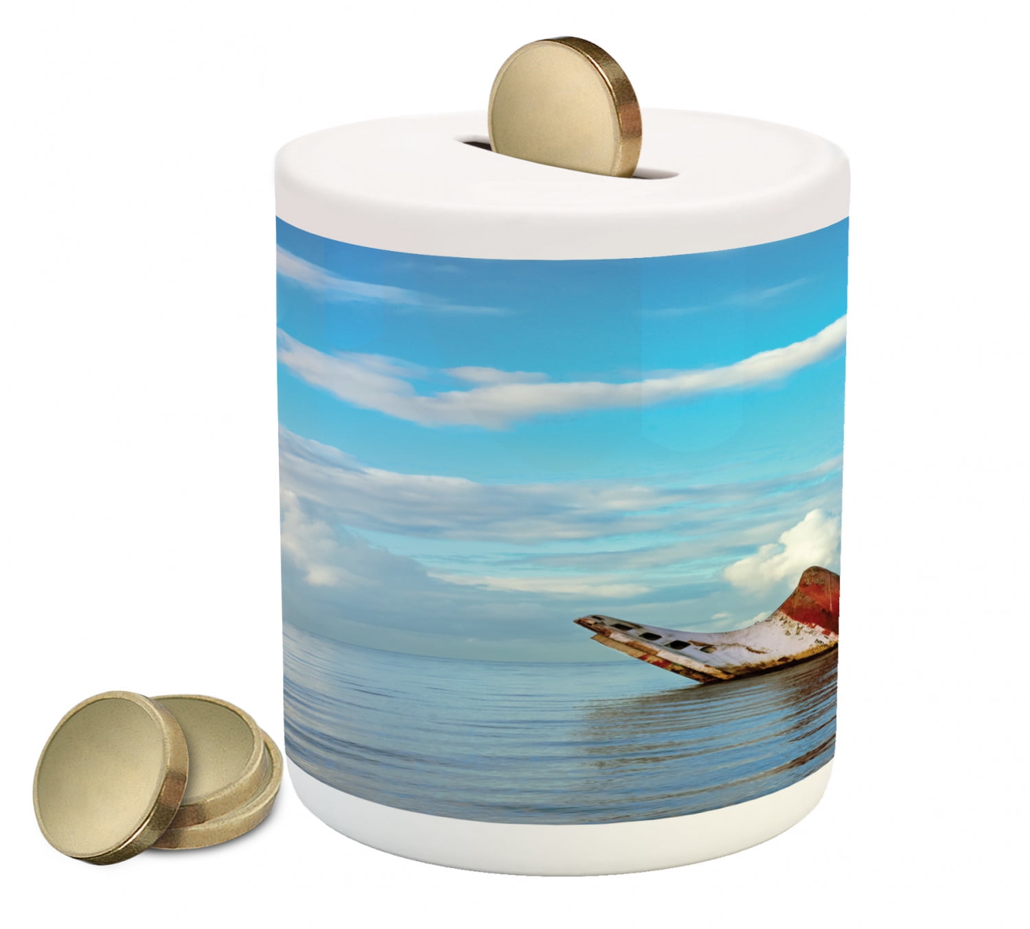 Shipwreck Piggy Bank, Sunken Ship on Surface of Freshening Sea View ...