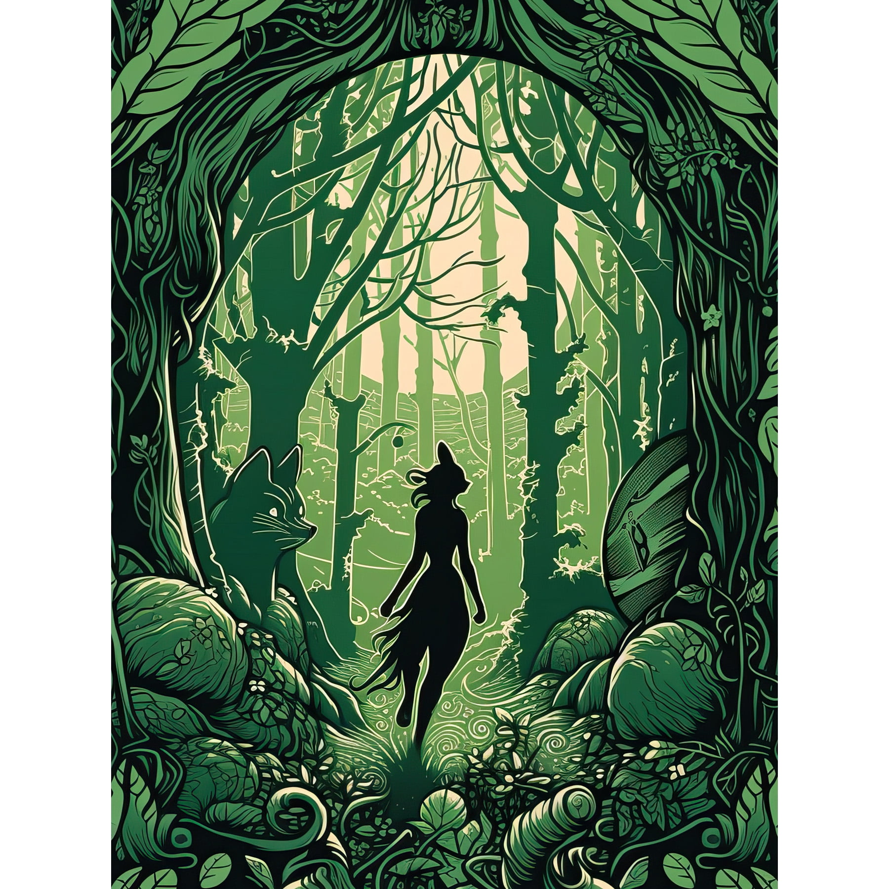 Anthropomorphic Fox Silhouette Forest Art Nouveau Large Wall Art Poster ...