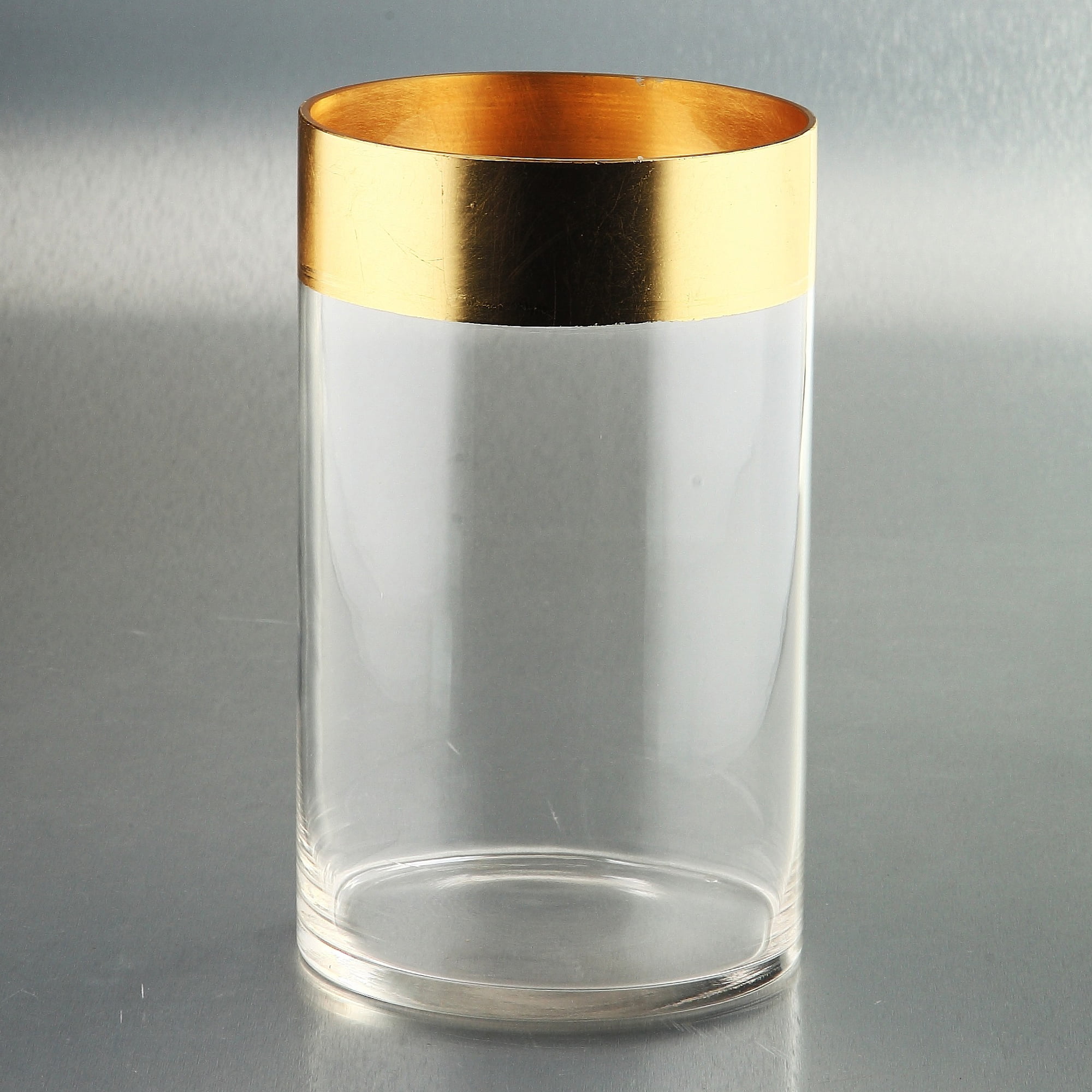 10 Clear And Gold Cylindrical Handblown Glass Vase