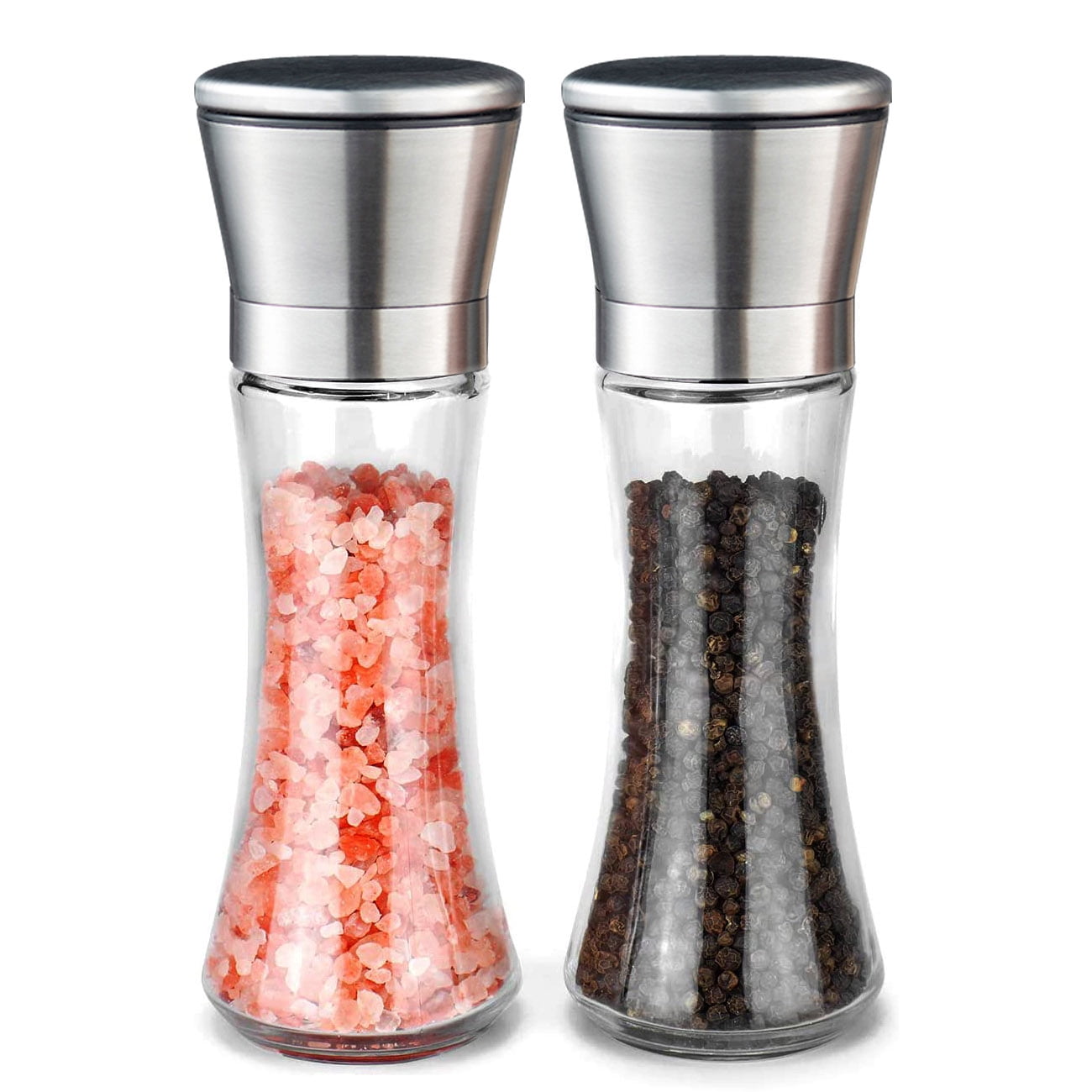 Salt and Pepper Grinders Set, 2 Pack of Glass Pepper Mills Shakers with ...