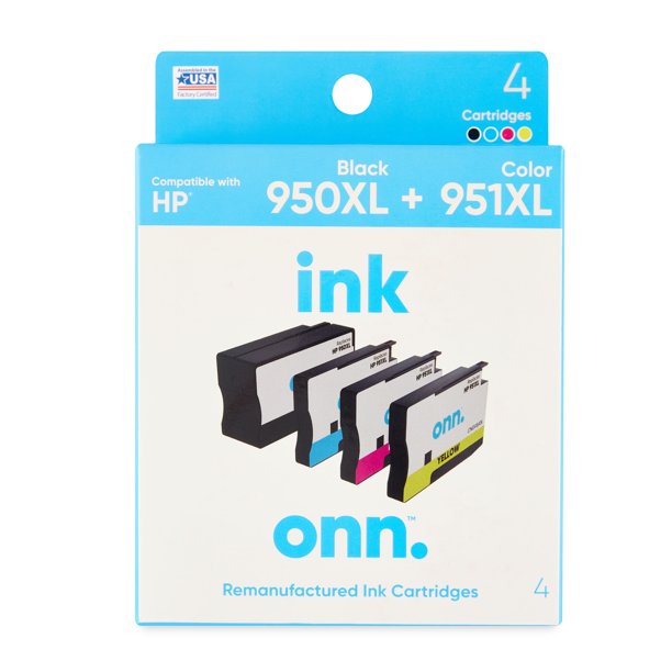 onn. Remanufactured HP 950XL Black and 951XL Color Ink Cartridges, 4 ...