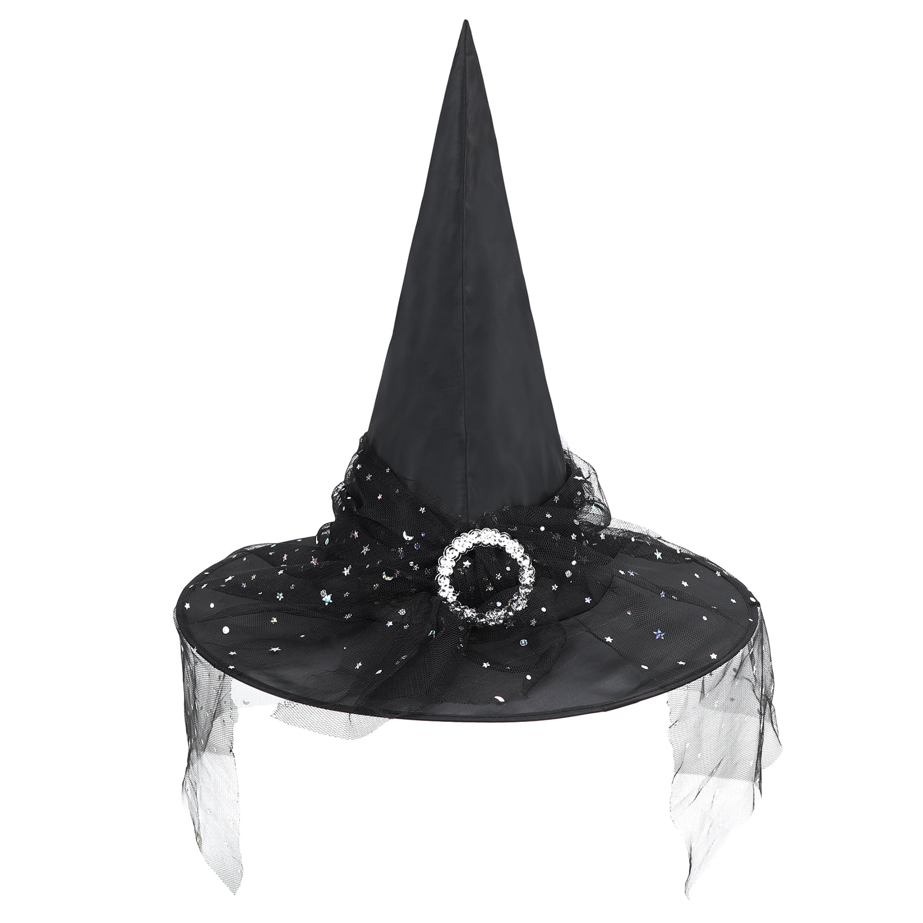 Zando Black Witch Hat with Veil Wide Brim Wizard Hats Foldable Pointed ...