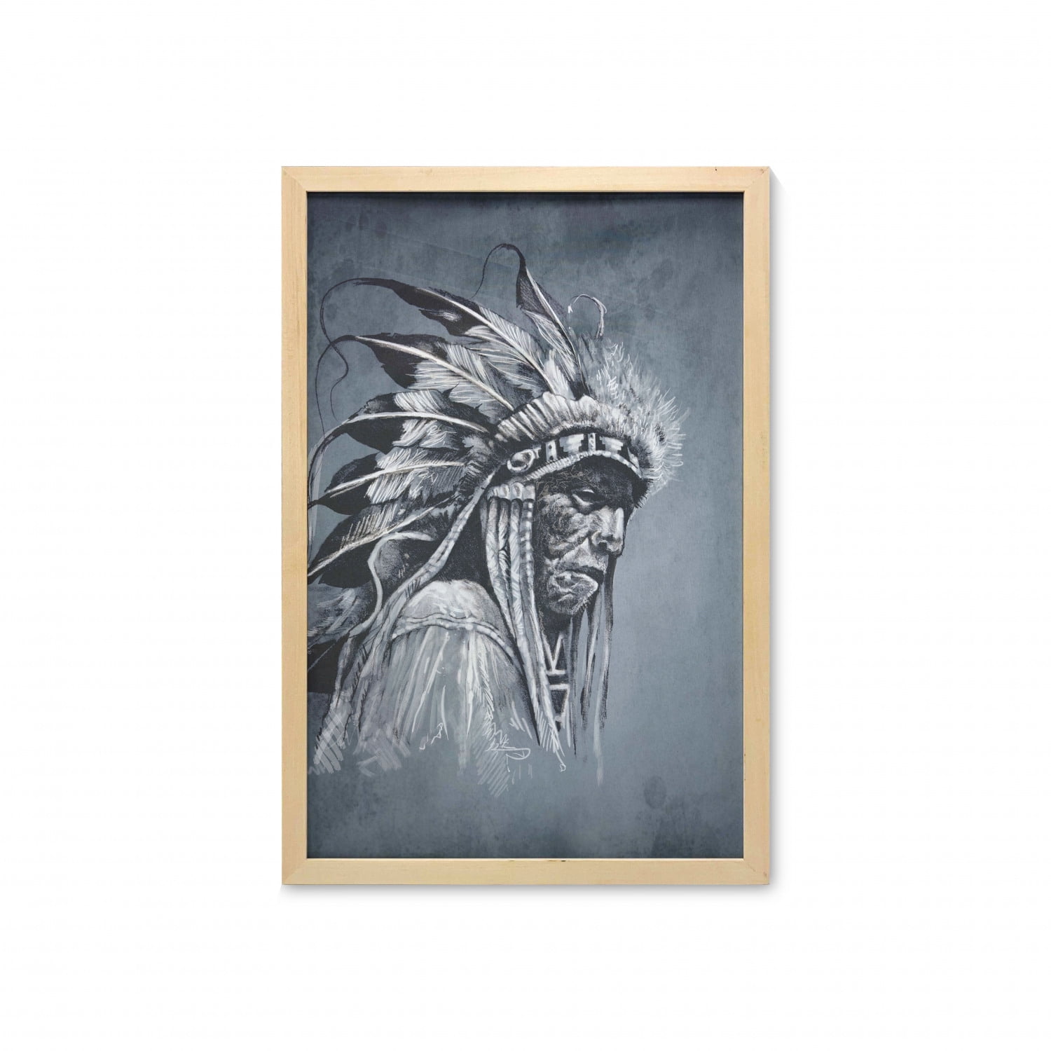 Tribal Wall Art with Frame, Hand Drawn Tribe Chief Head with Feathers ...