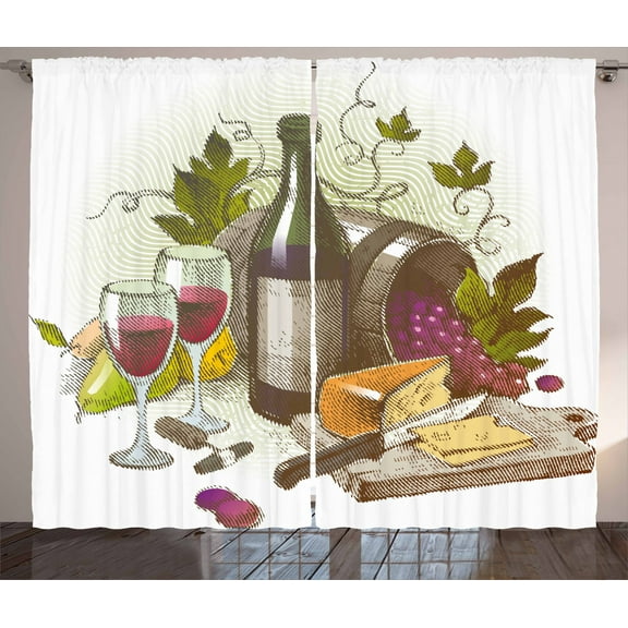 Ambesonne Wine Curtains 2 Panel Set, Vintage Wine and Cheese, 108" x ...