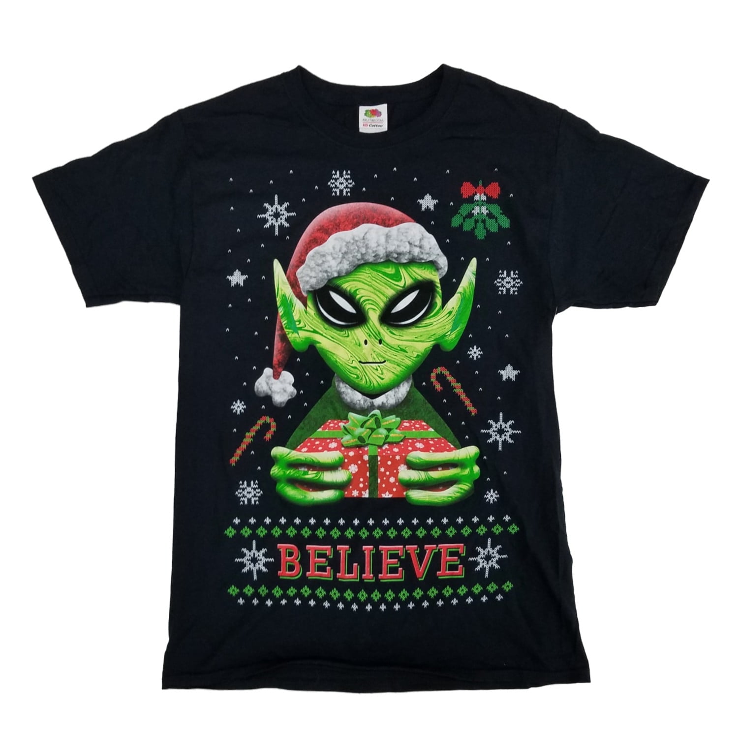 Mens Black Believe Space Alien Christmas Elf Holiday T-Shirt 2XL ...