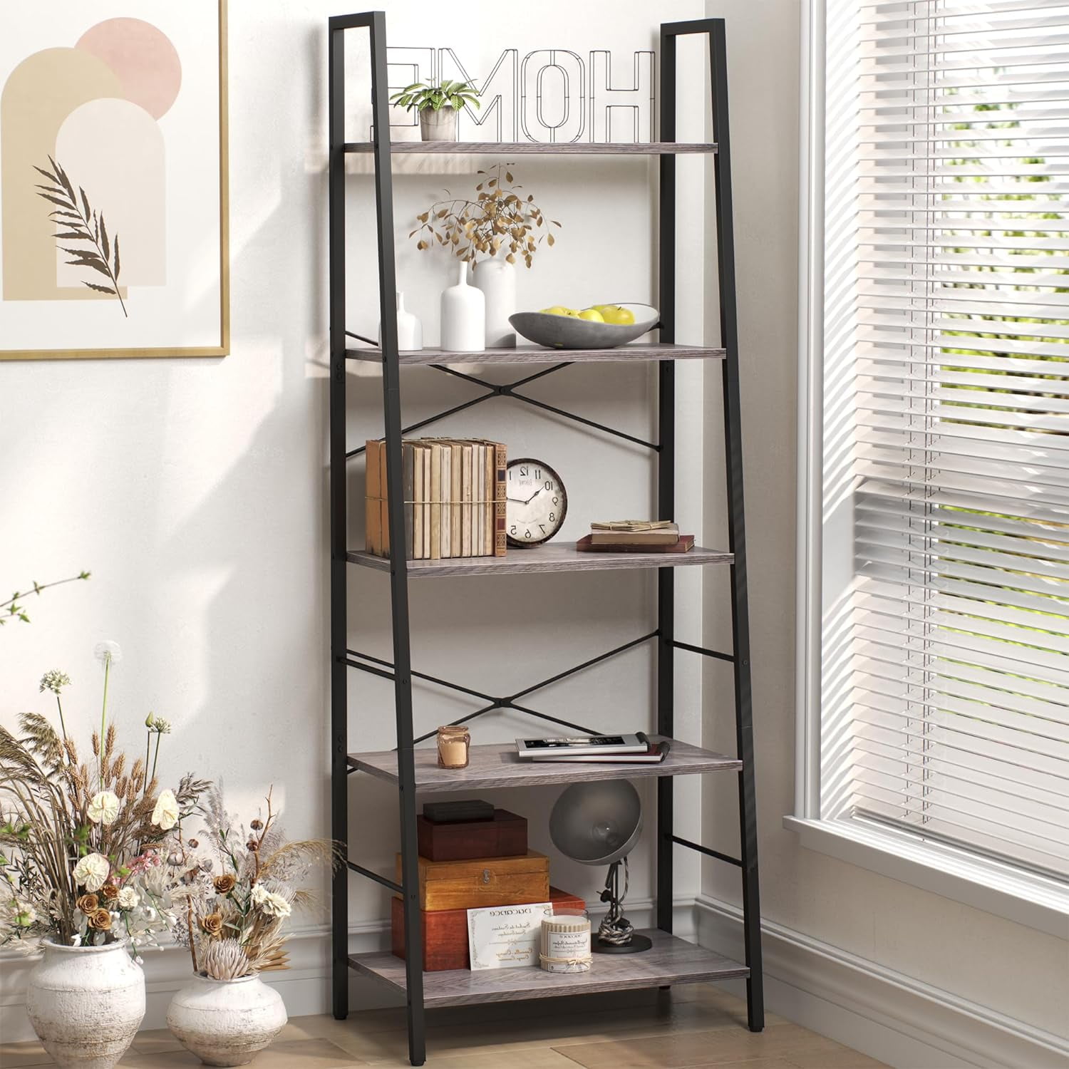 Click here for Jmhbb Grey 5 Tier Ladder Shelf Bookshelf Unit Indu... prices
