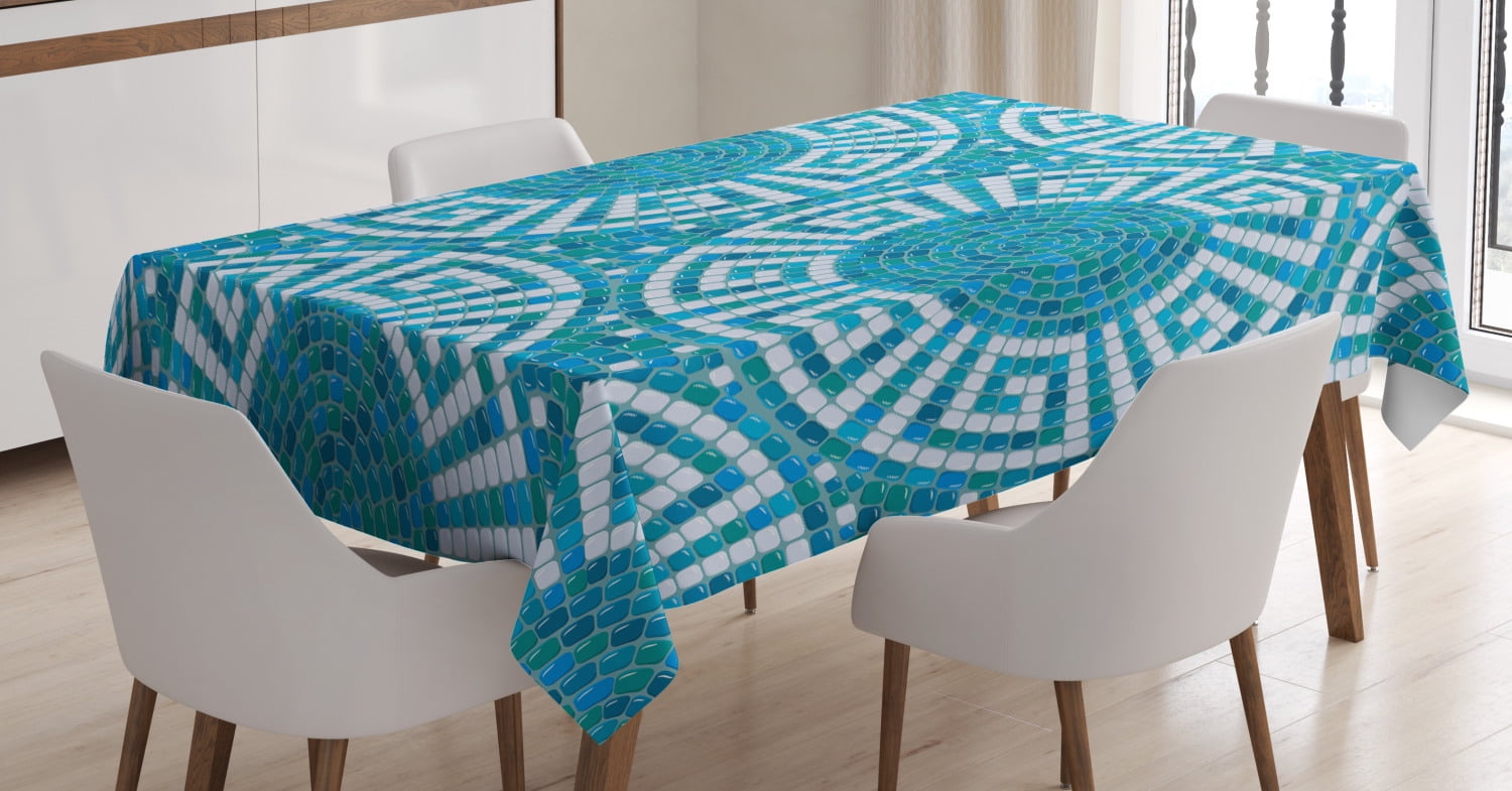 Aqua Tablecloth, Greek Meander Mosaic Pattern Classical Geometrical ...