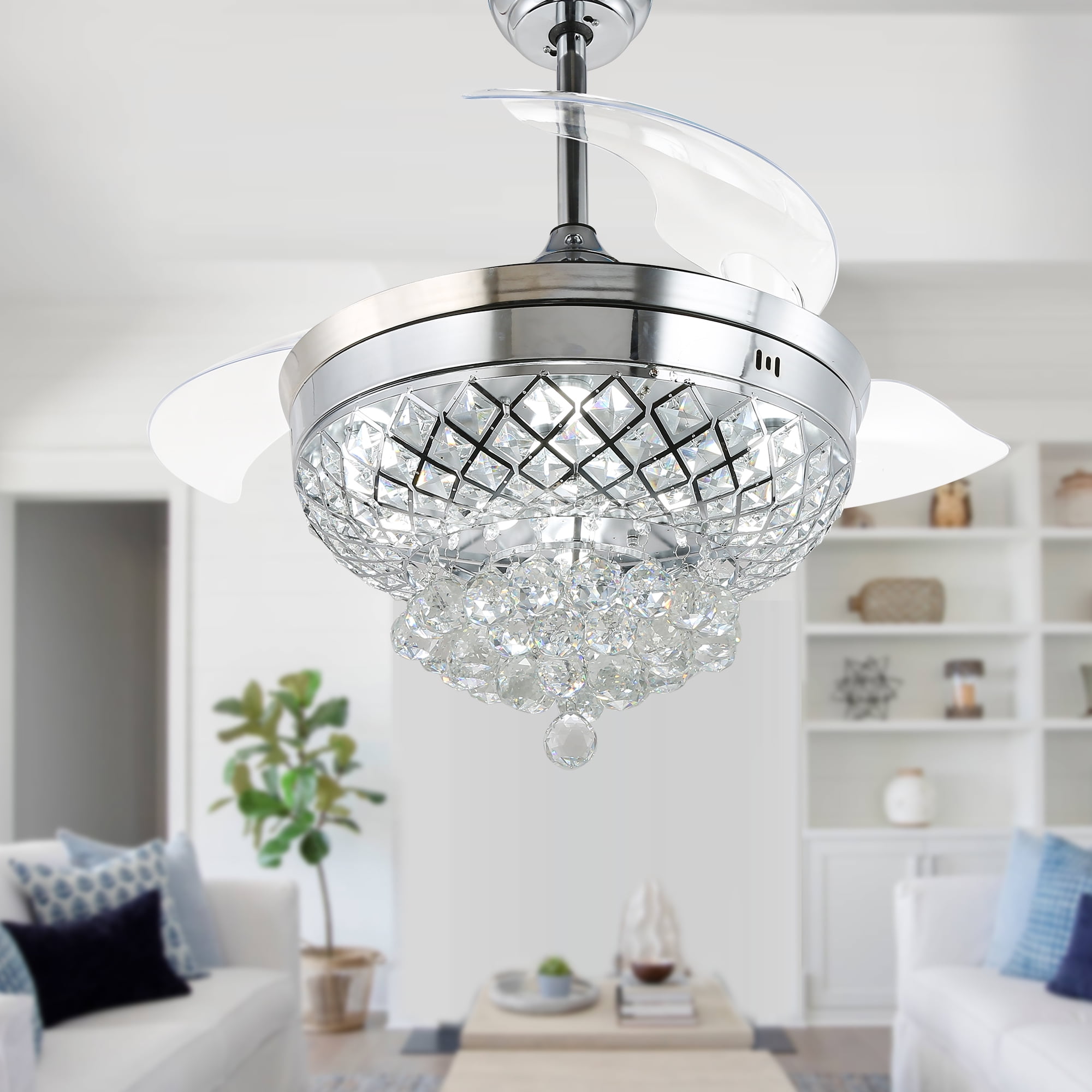 Cusp Barn Modern 42" Retractable 3-Blade Crystal Shade Ceiling Fan with ...