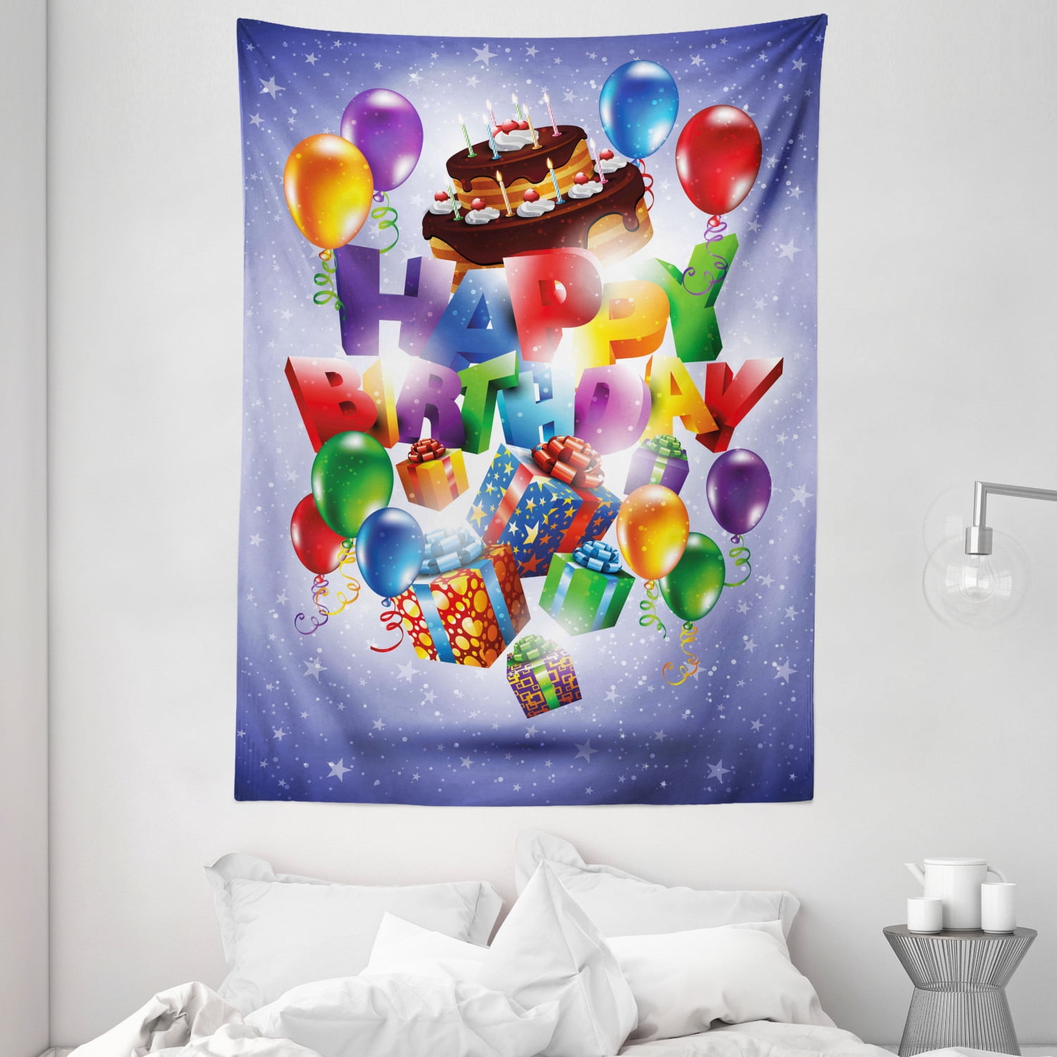 Birthday Tapestry, Presents Fun Balloons Curly Ribbons and Cake witn ...
