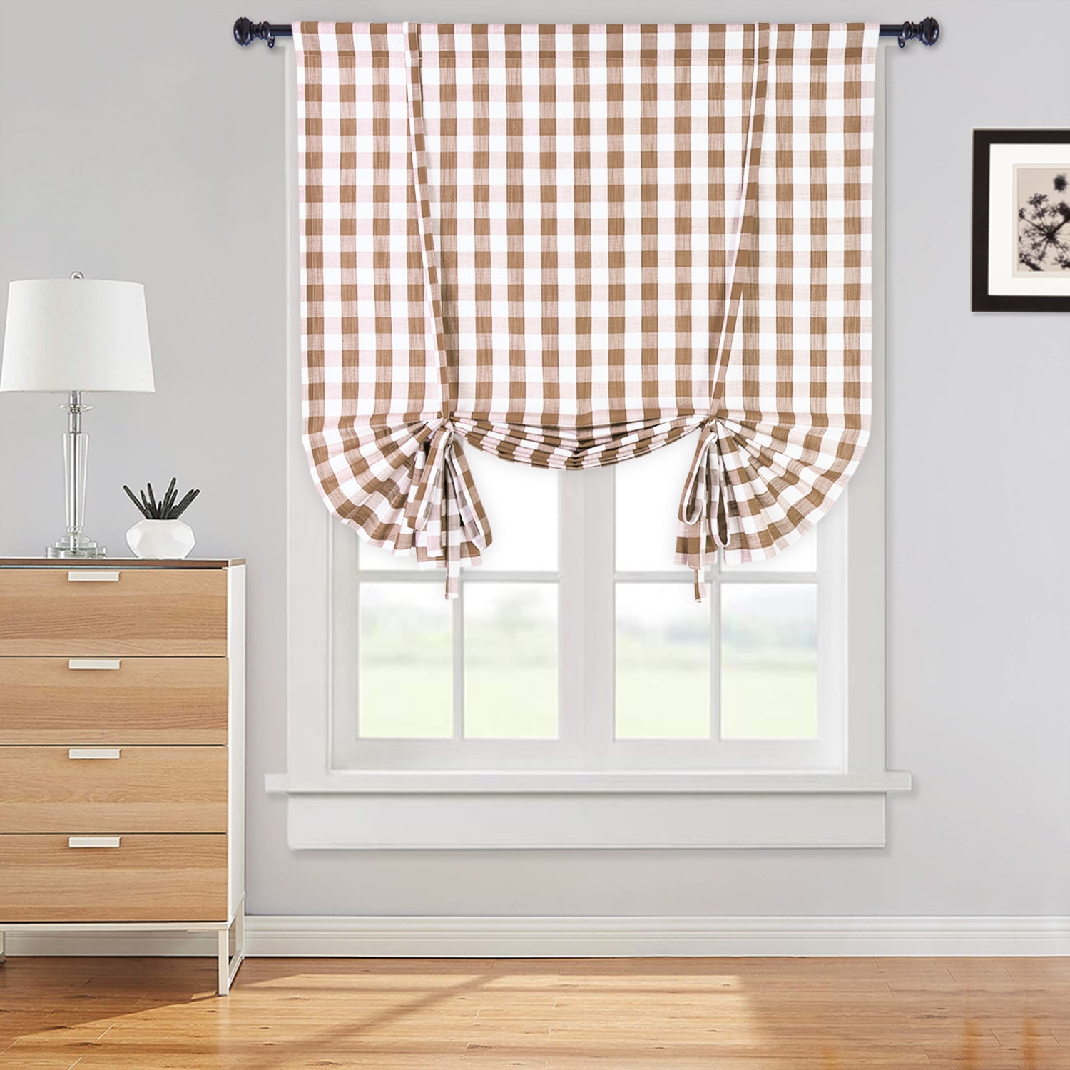 ZACOO Window Tie Up Curtain 63 Inches Long, Buffalo Plaid Gingham Rod ...