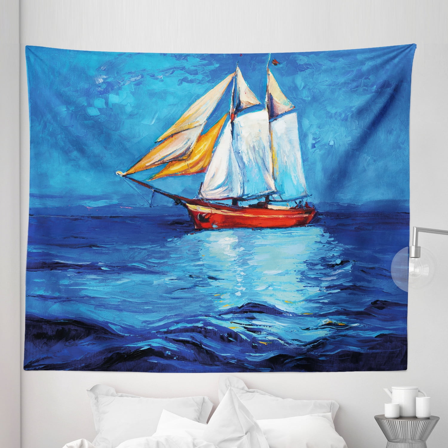 Nautical Tapestry, Oil Painting Style Sailing Ship on Horizon ...