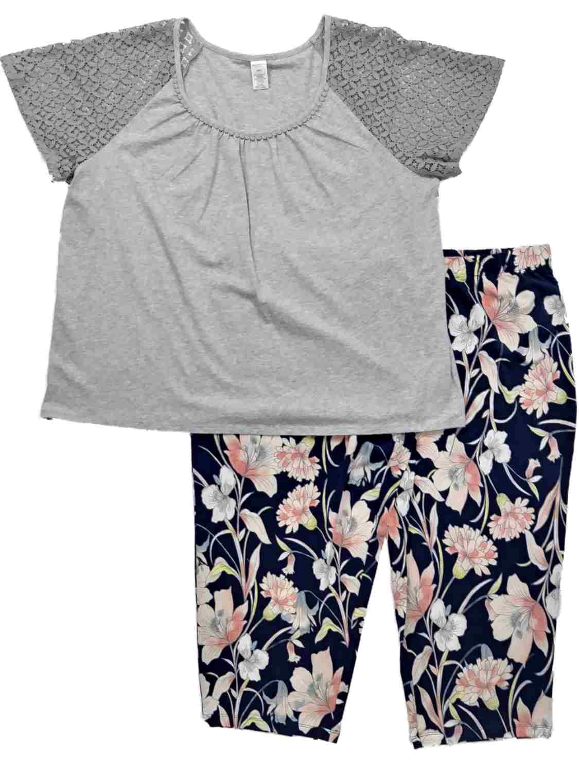 Womens Gray Black Carnation Flower Pajamas Lace Trimmed Capri Sleep Set ...