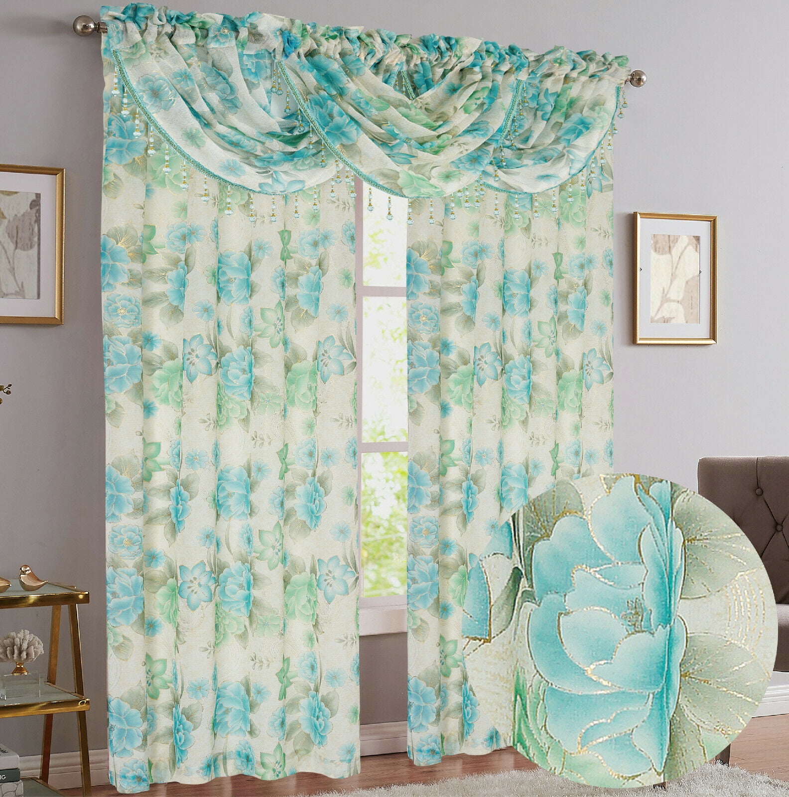 GWEN FLORAL 5 PIECE SHEER CURTAIN SET, BEADED AUSTRIAN VALANCES ...