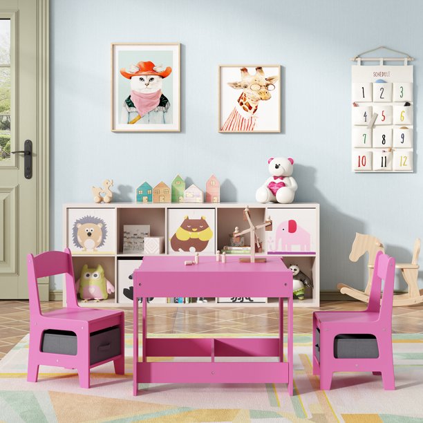 TOBBI 3-in-1 Wood Kids Table and 2 Chairs Set Children Activity Desk W/ Storage Drawer and Box ...