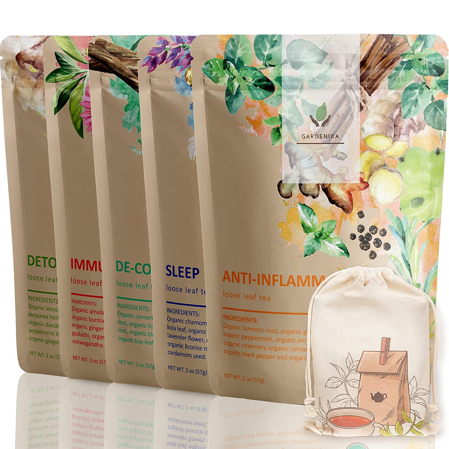 Gardenika Loose Leaf Tea Sampler, USDA Organic, Kosher, Caffeine Free ...