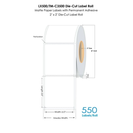 DuraFast LX500/TM-C3500 2"x2" Die Cut Matte Paper Label 550/Roll, LX500 ...