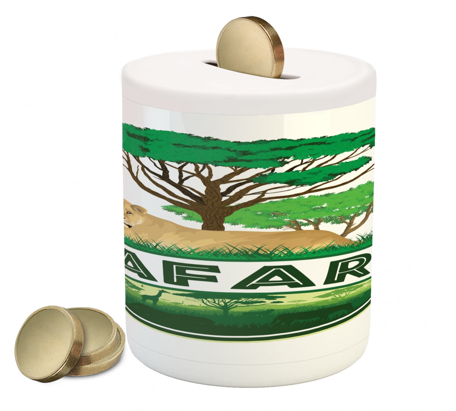 Safari Piggy Bank, Savannah with Lion and Green Trees Wilderness Exotic ...
