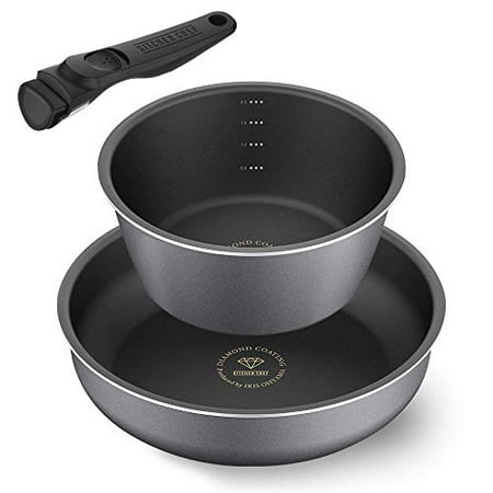 Iris Ohyama Frying Pan Pot Set 3 Pieces IH Gas Fire Deep Diamond Coat ...