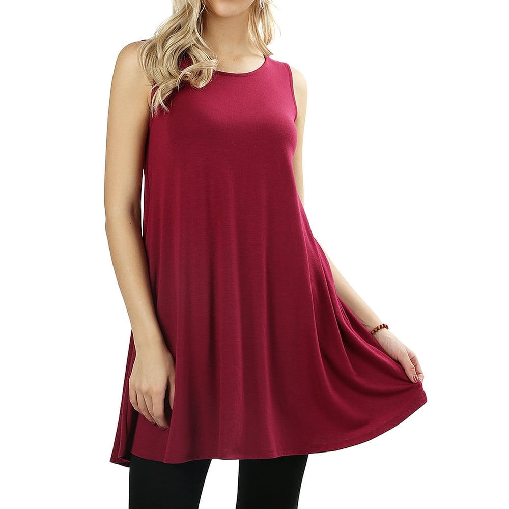 Zenana - Women & Plus Round Neck Sleeveless Flowy Tunic Top with Side ...