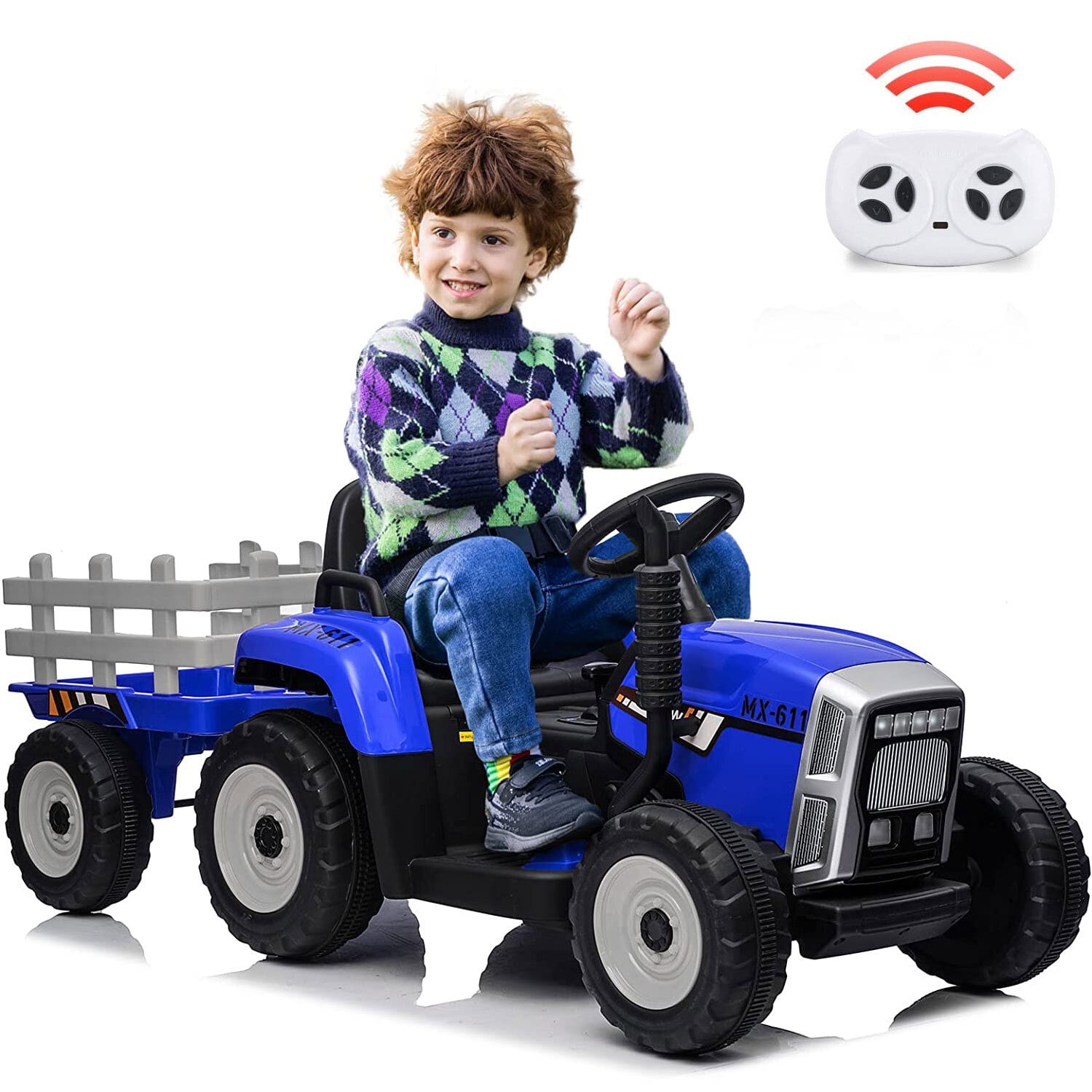 HOSSLLY 12V Kids Ride On Tractor with Trailer Ground Loader w/ Remote ...