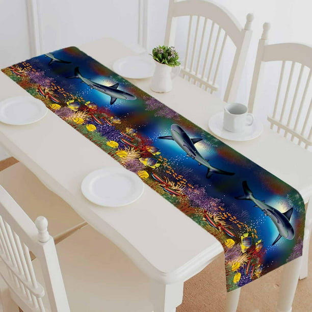 YUSDECOR Underwater Shark Tropical Fish Cotton and Linen Table Runner ...