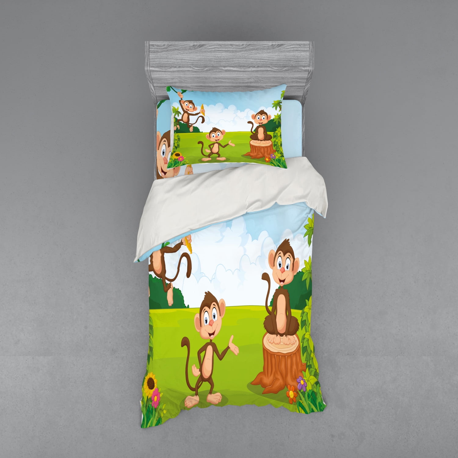 Nursery Duvet Cover Set, 3 Monkeys Playing in a Tropical Forest Banana ...