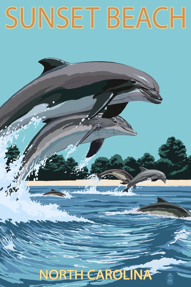 Sunset Beach, Calabash, North Carolina, Dolphins Jumping (12x18 Wall ...