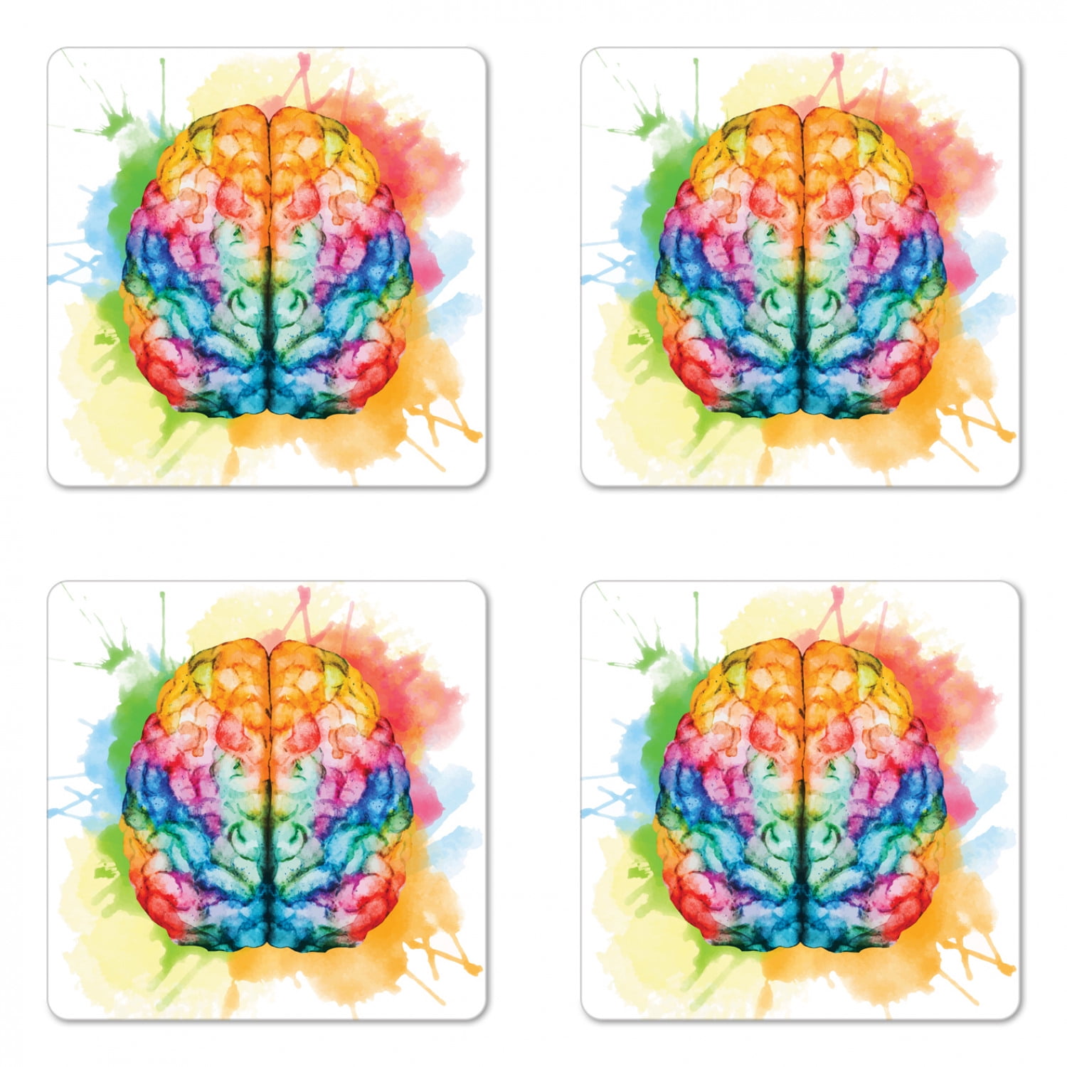 Watercolor Coaster Set of 4, Vibrant Colorful Human Brain Body ...