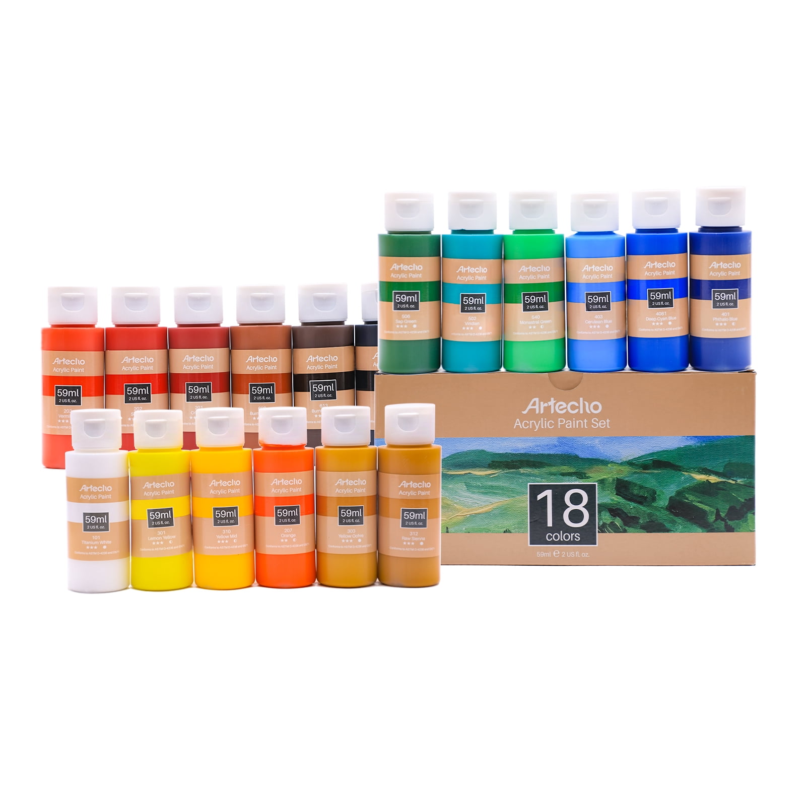 Artecho Acrylic Paint Set of 18 Color Paints, 2Ounce/59ml Vibrant ...