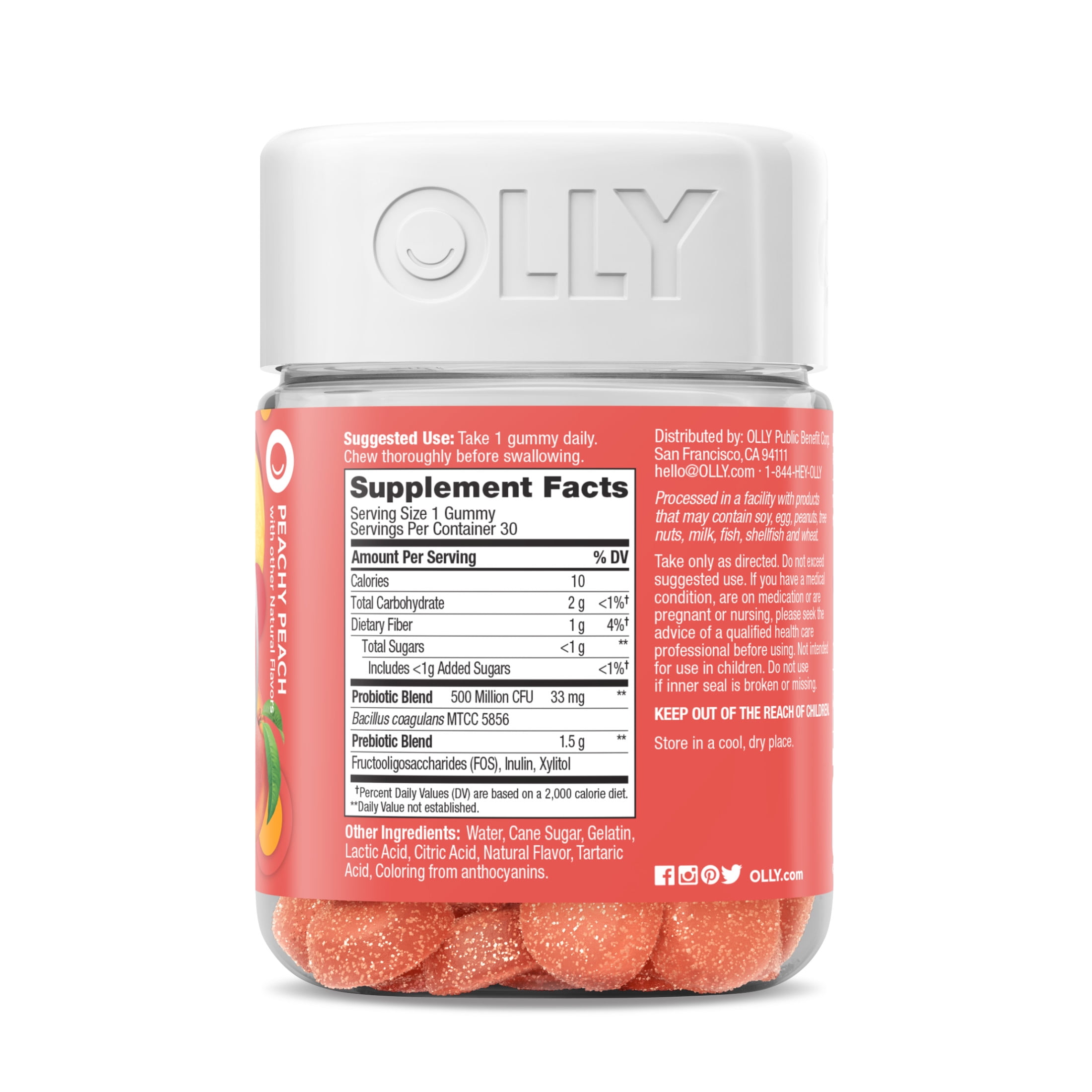 OLLY Probiotic Prebiotic Gummy, Digestive Gut Health Supplement - Peach ...