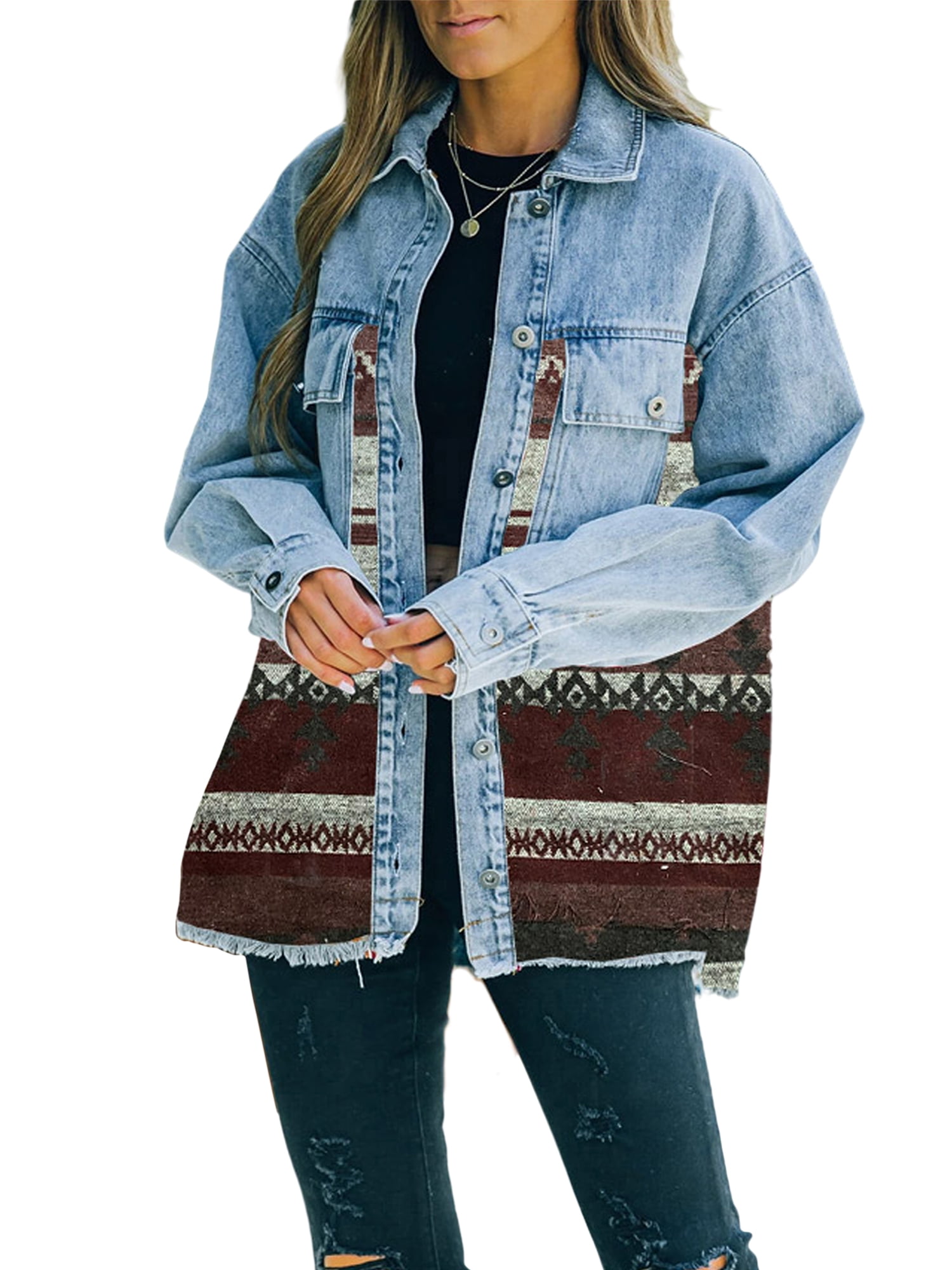 Capreze Womens Aztec Print Shacket Lapel Long Sleeve Button Down Denim ...