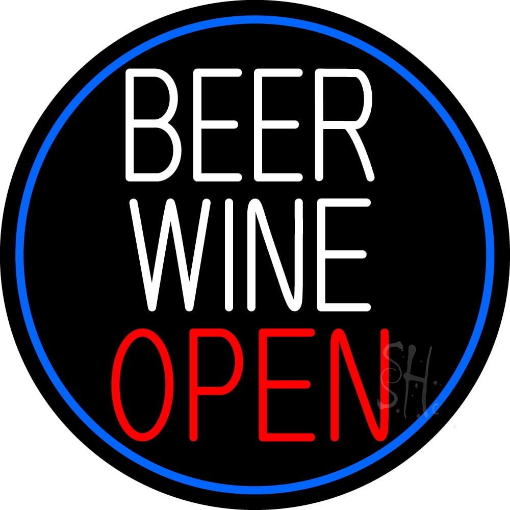 Beer Wine Open Oval With Blue Border LED Neon Sign 18 x 18 - inches ...