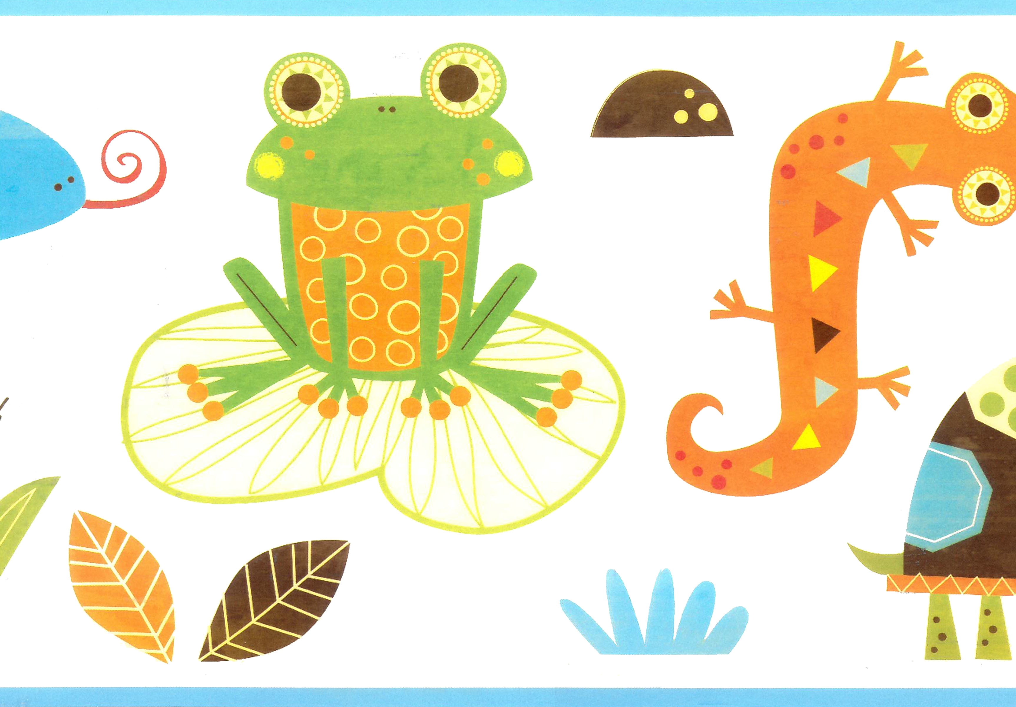 Prepasted Wallpaper Border - Kids Green, Blue, Orange Lizard, Turtle ...