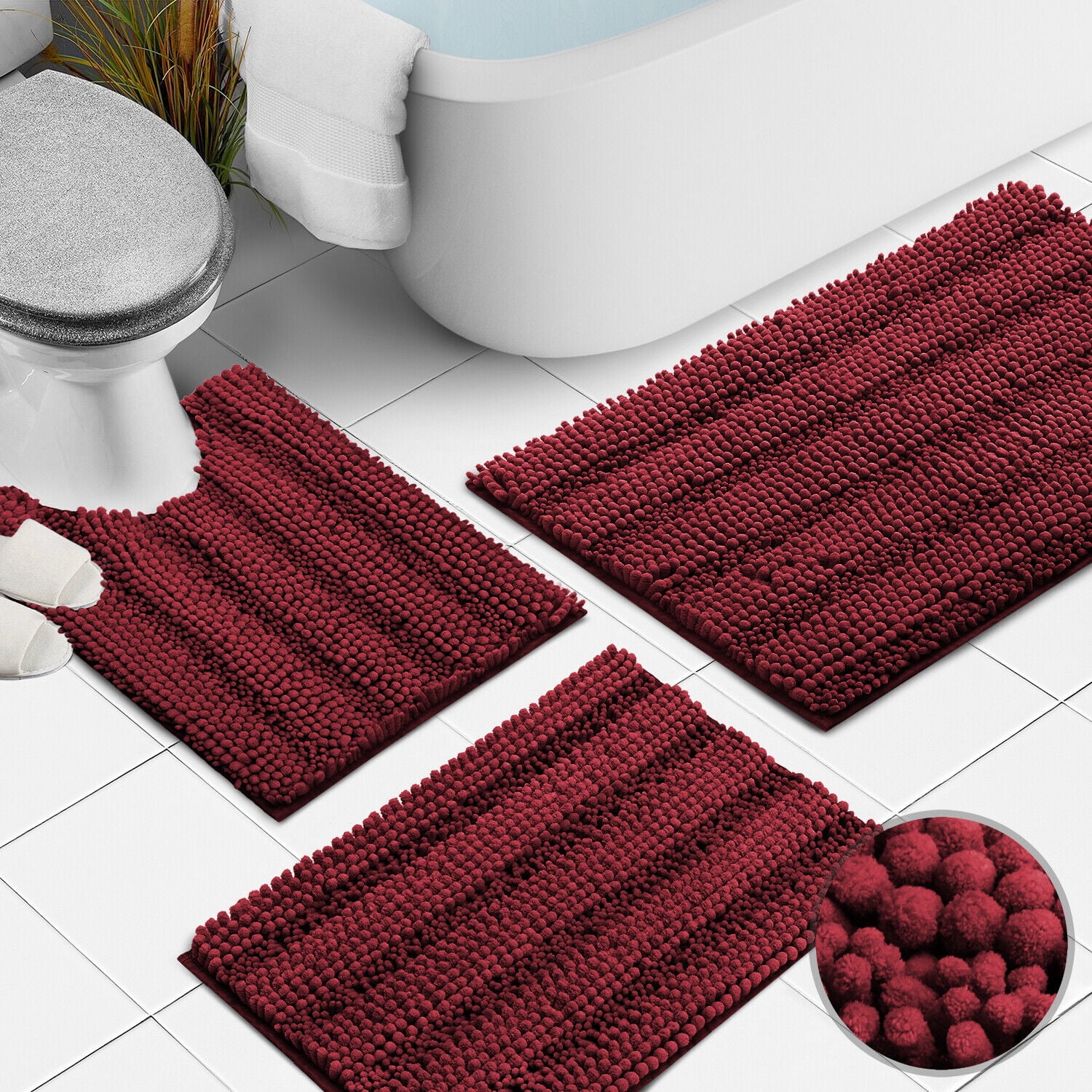 Bathroom Rugs Sets 3 Piece Non Slip Extra Absorbent Chenille Bathroom ...