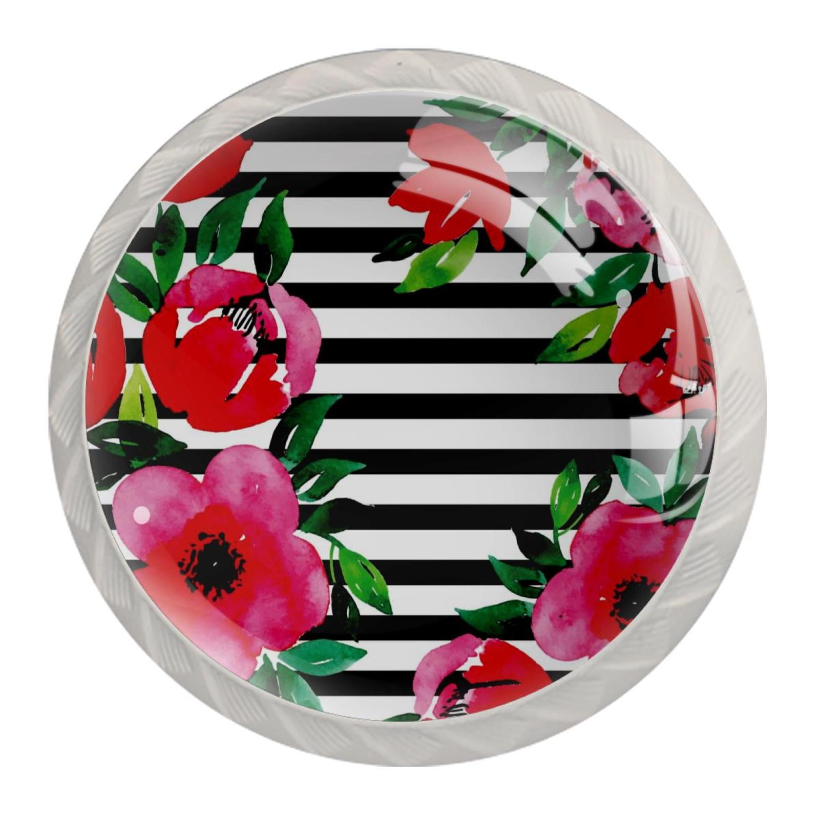 4 Pcs Floral Black White Stripes Knobs for Kitchen Cabinet Cupboard Dresser Bookcase Drawer ...