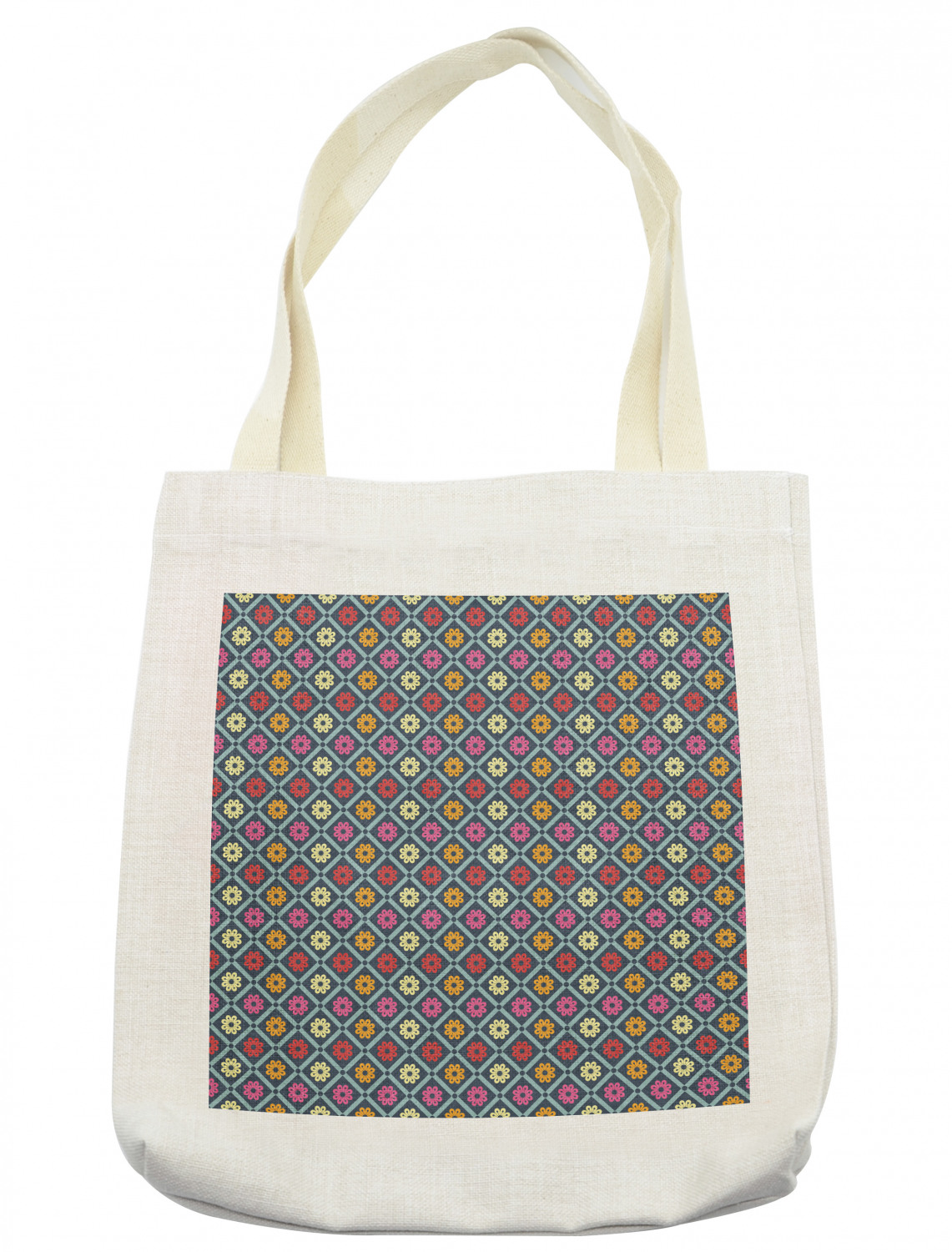Colorful Tote Bag, Diagonal Checkered Pattern with Daisy Blossoms ...