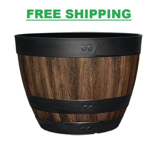 16 Inch Resin Barrel Planter Indoor Outdoor Garden Decor Large Flower ...