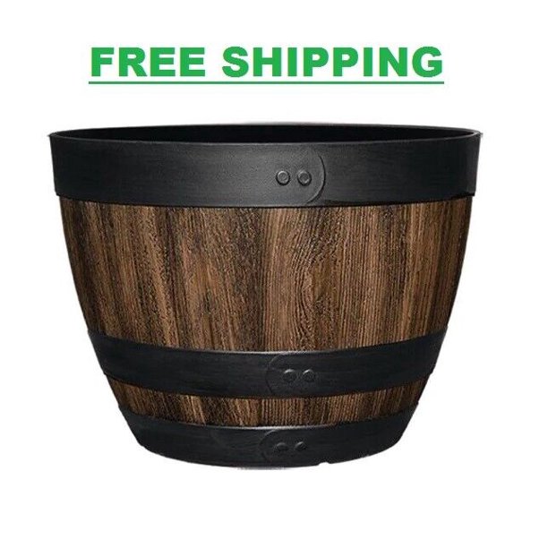 16 Inch Resin Barrel Planter Indoor Outdoor Garden Decor Large Flower ...