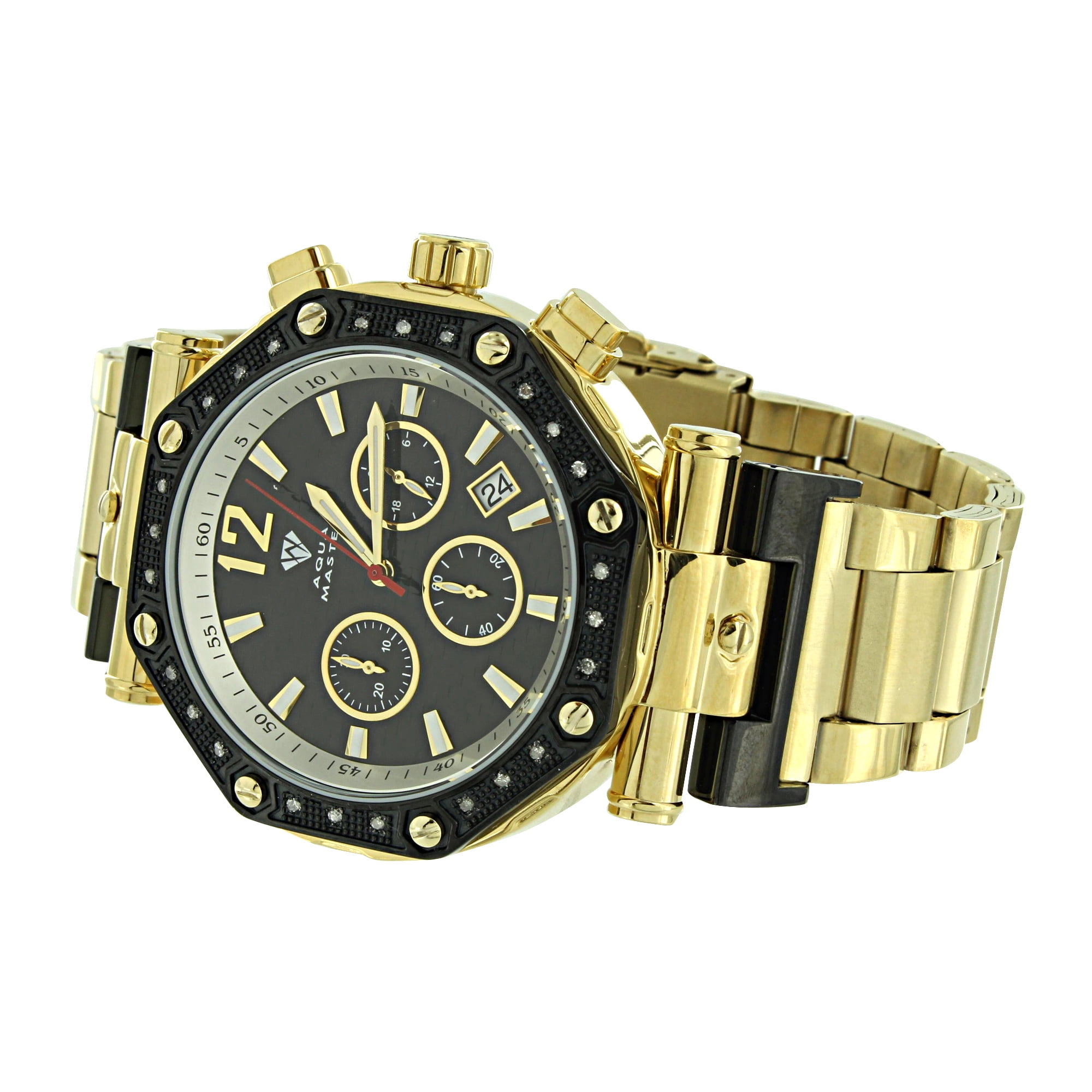 Gold Tone Watch Octagon Face Stainless Steel Real Diamond Aqua Master ...