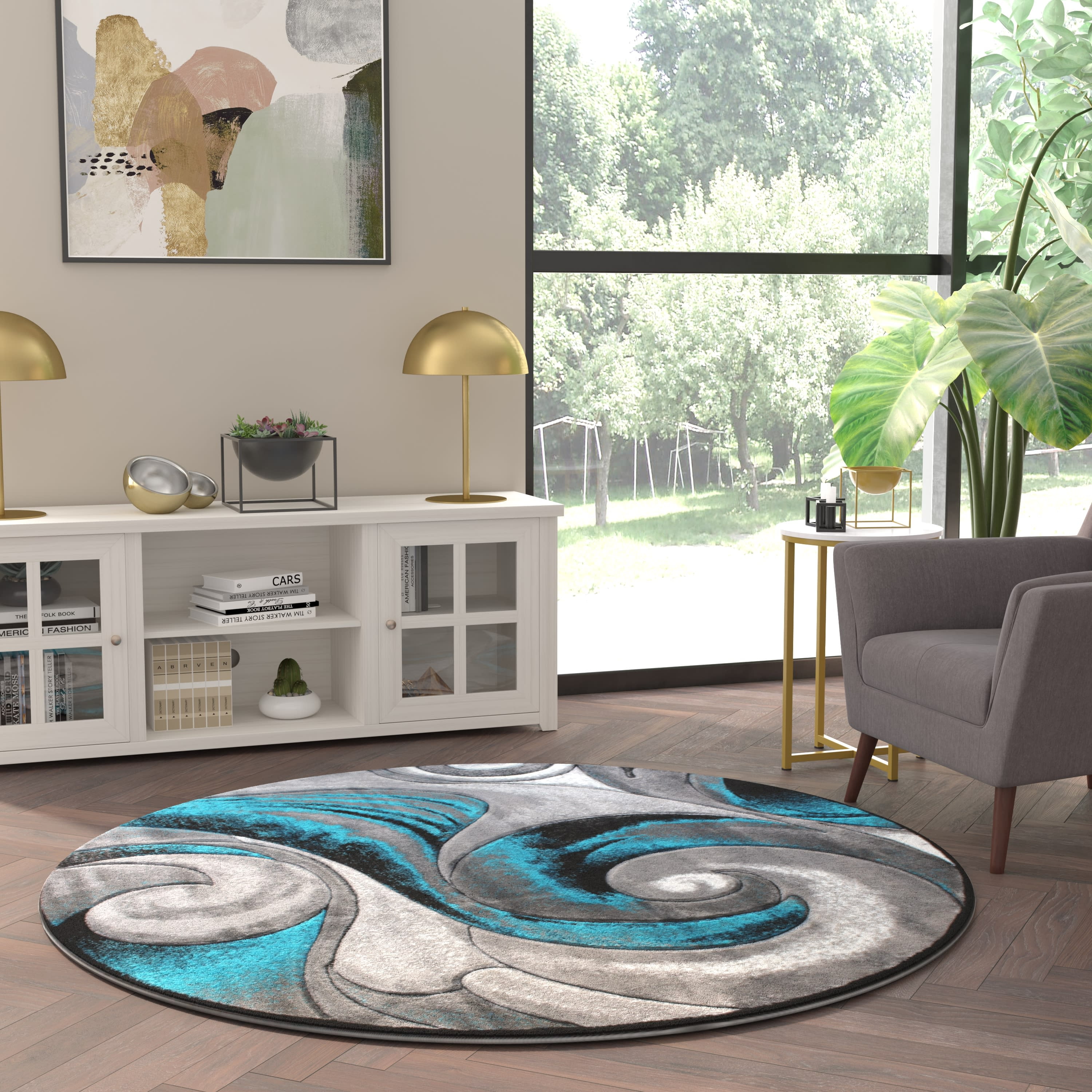 Emma + Oliver 6x6 Round Modern Abstract Olefin Accent Rug with Sculpted ...