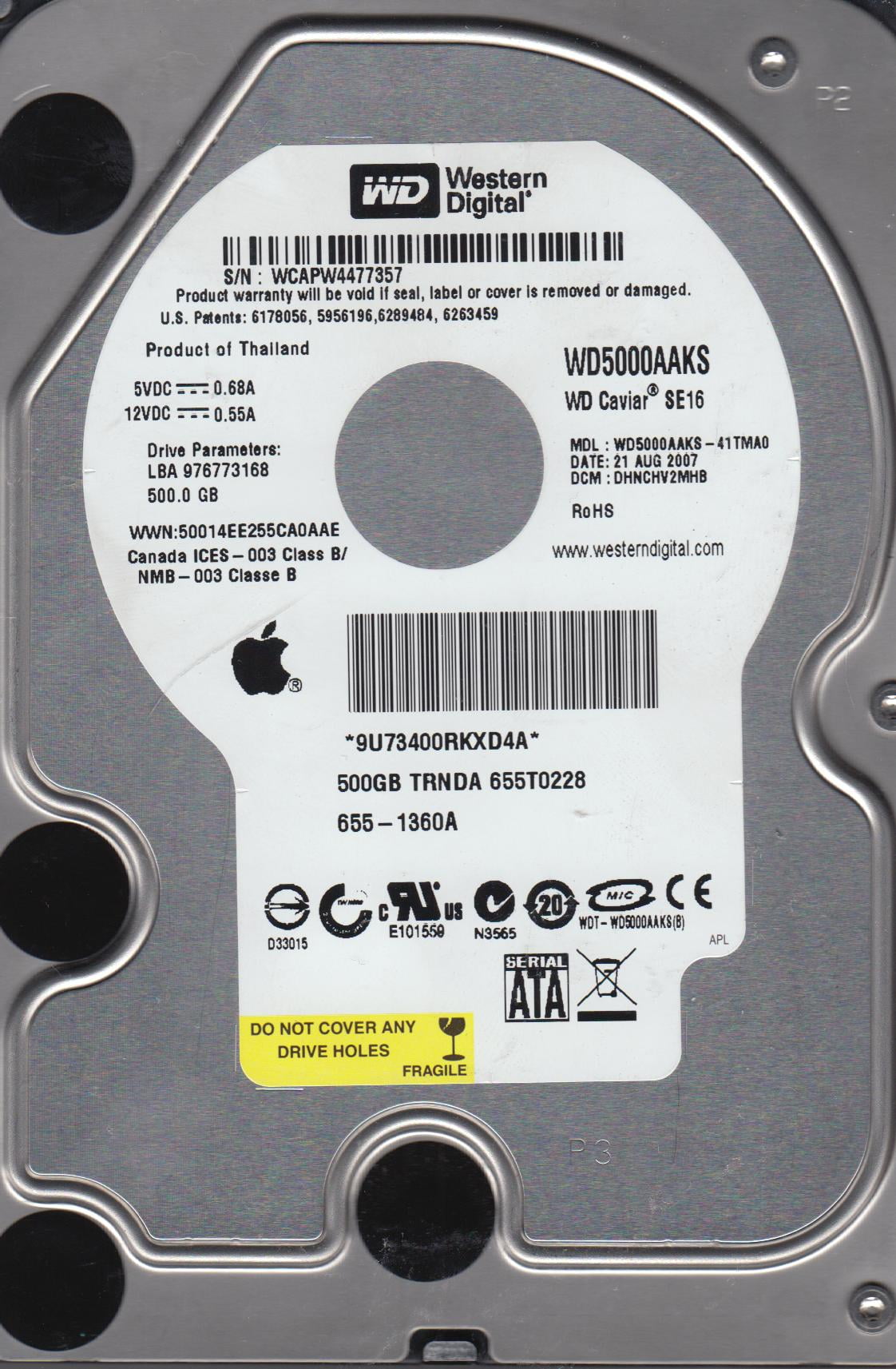 WD5000AAKS-41TMA0, DCM DHNCHV2MHB, Western Digital 500GB SATA 3.5 Hard ...
