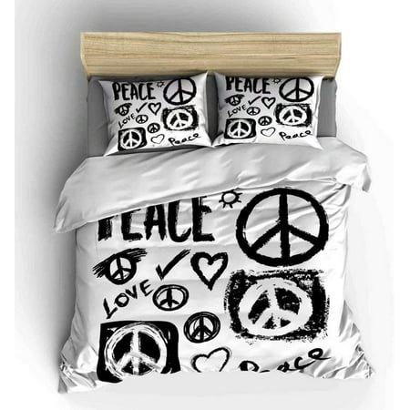 HSDAO-CN White and Black Duvet Cover Set, Graffiti Scrawl Style Peace ...