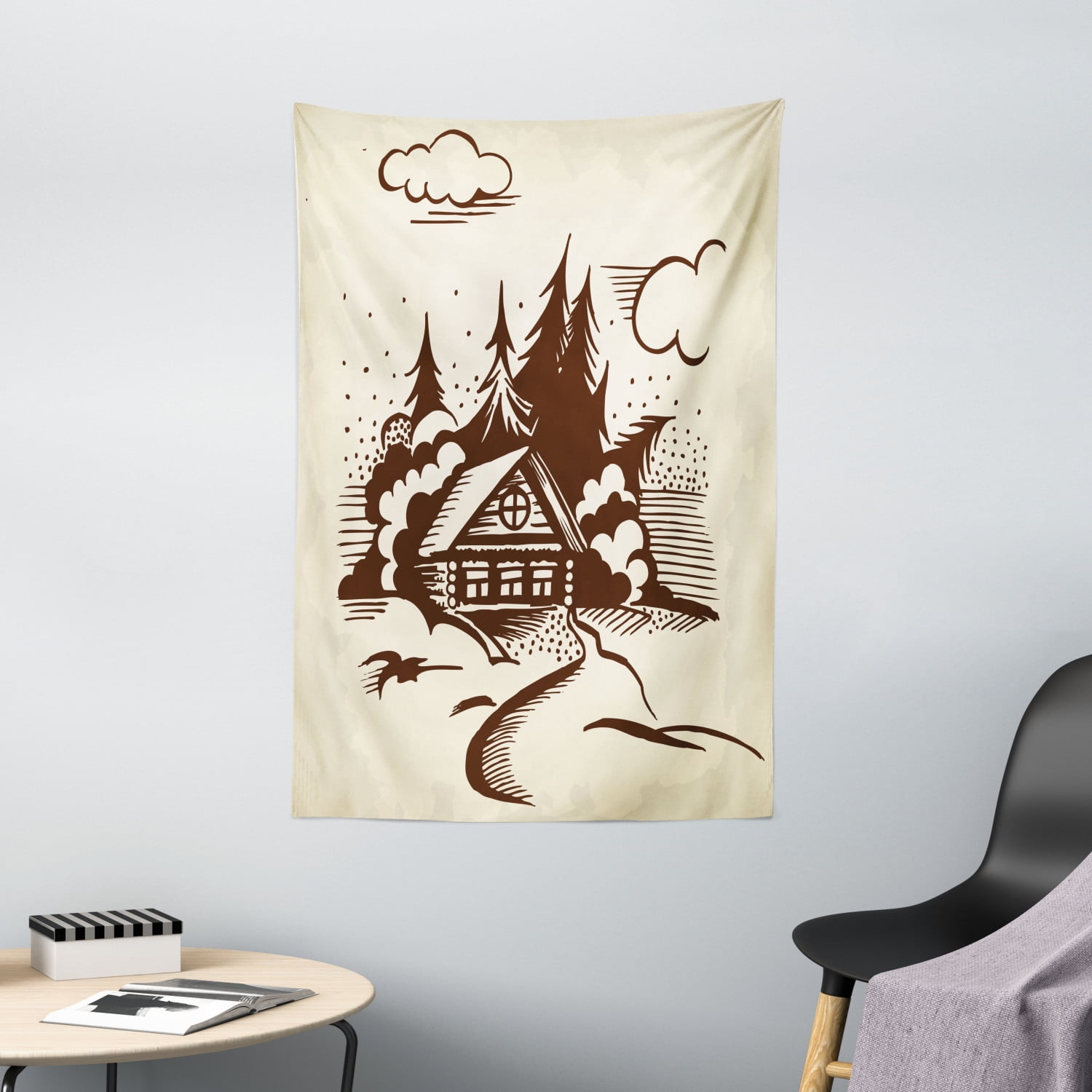 Log Cabin Tapestry, Monochrome Drawing Image of a Wooden Cabin and Firs ...